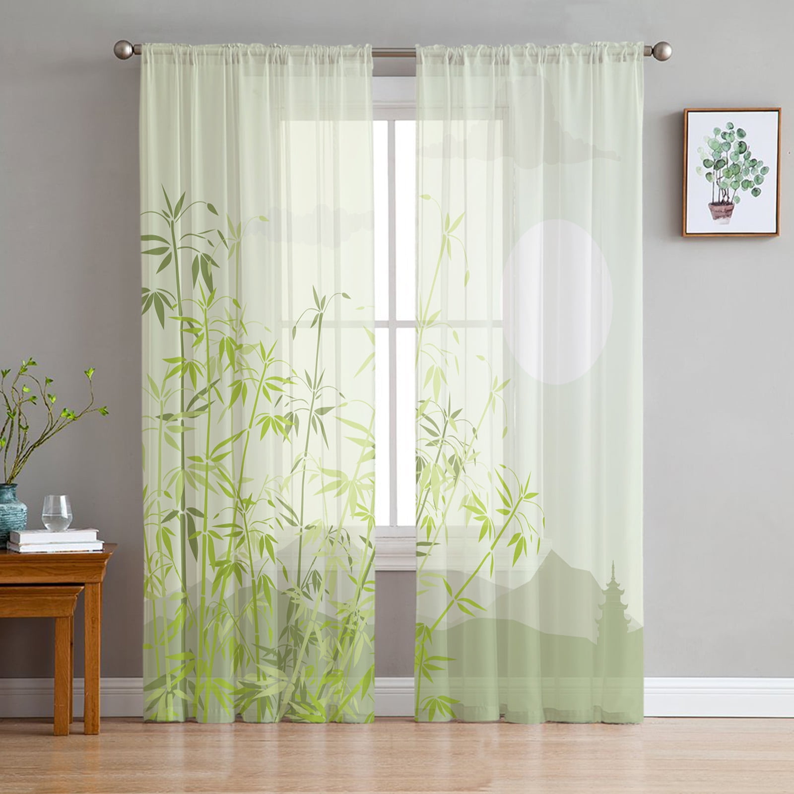 Bamboo Watercolor Painting Plant Art Tulle Curtains for Living Room ...