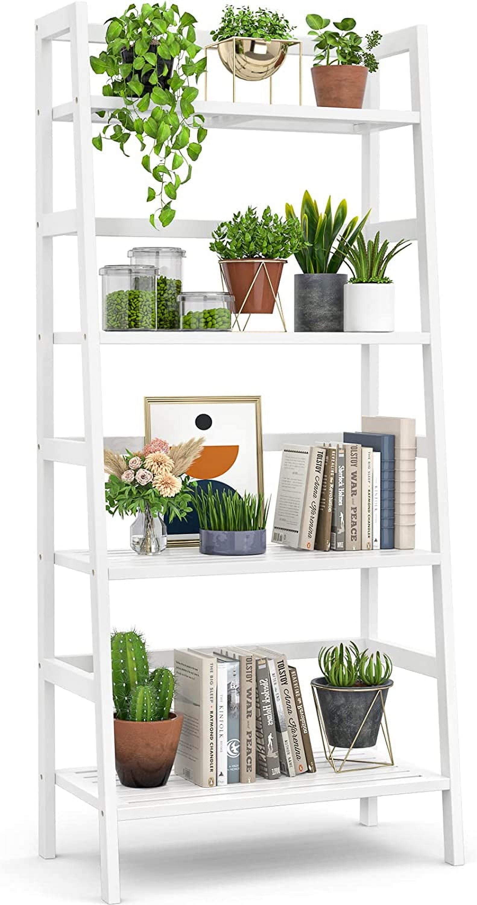 Bamboo White Bookshelf 4-Tier Ladder Shelf, 49.2” Freestanding Open ...
