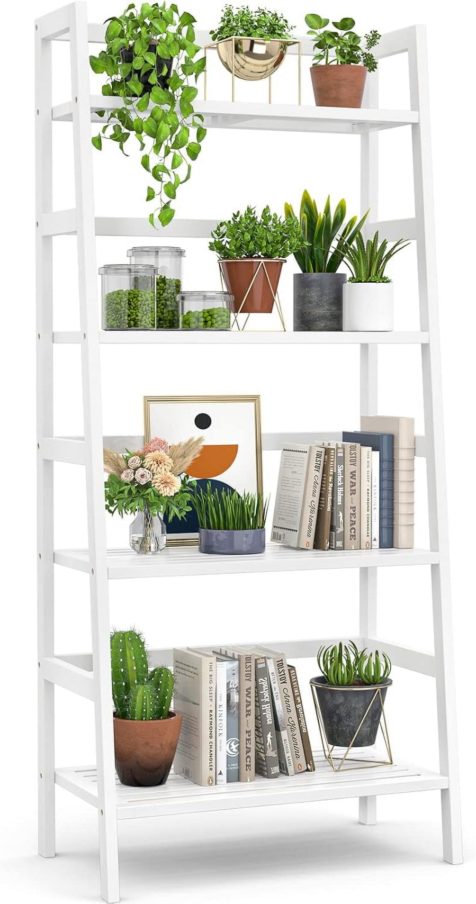Bamboo White Bookshelf 4-Tier Ladder Shelf, 49.2 Freestanding Open ...