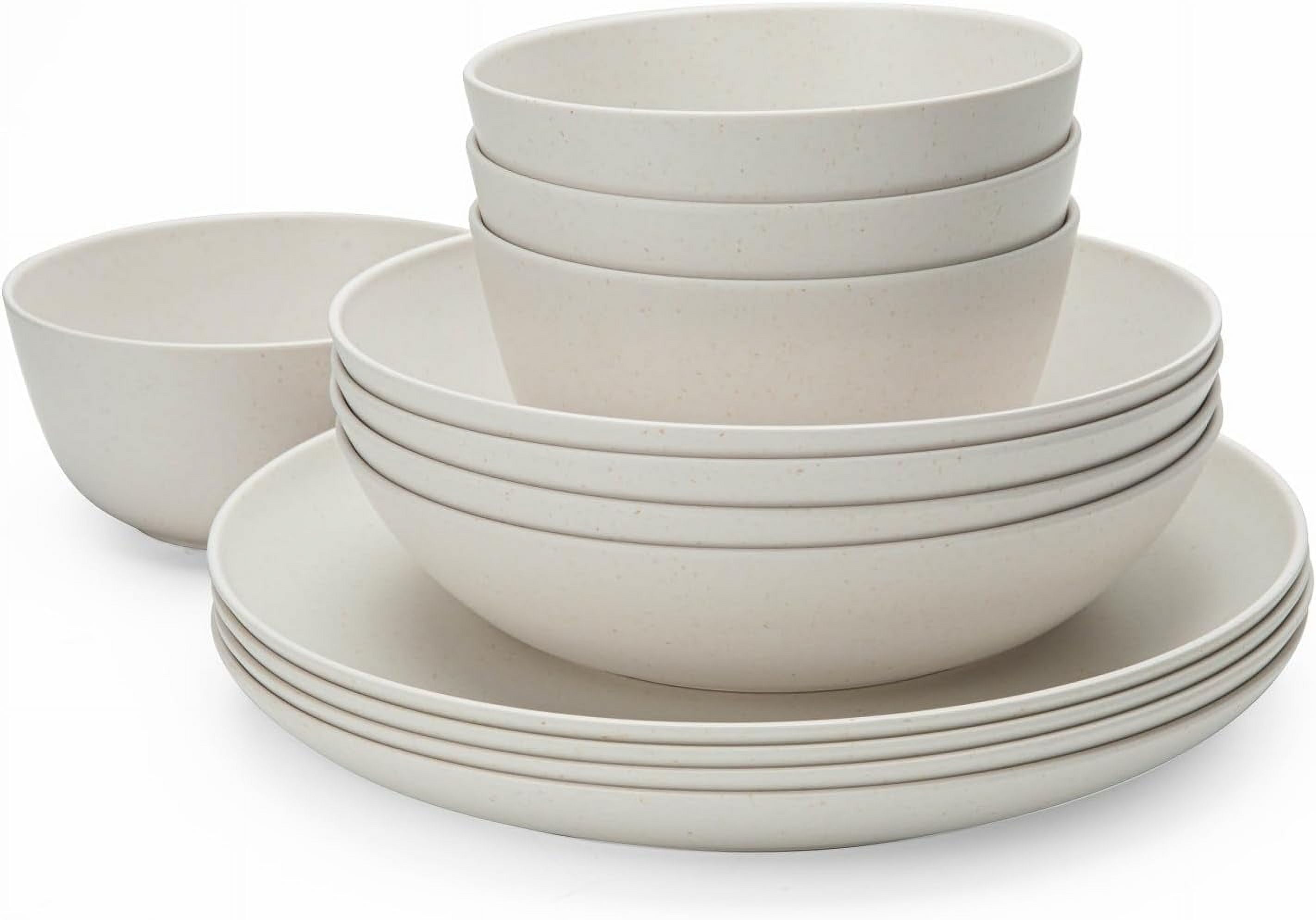 Bamboo White Kitchen Plates and Bowls Set, 12 Piece non-breakable ...