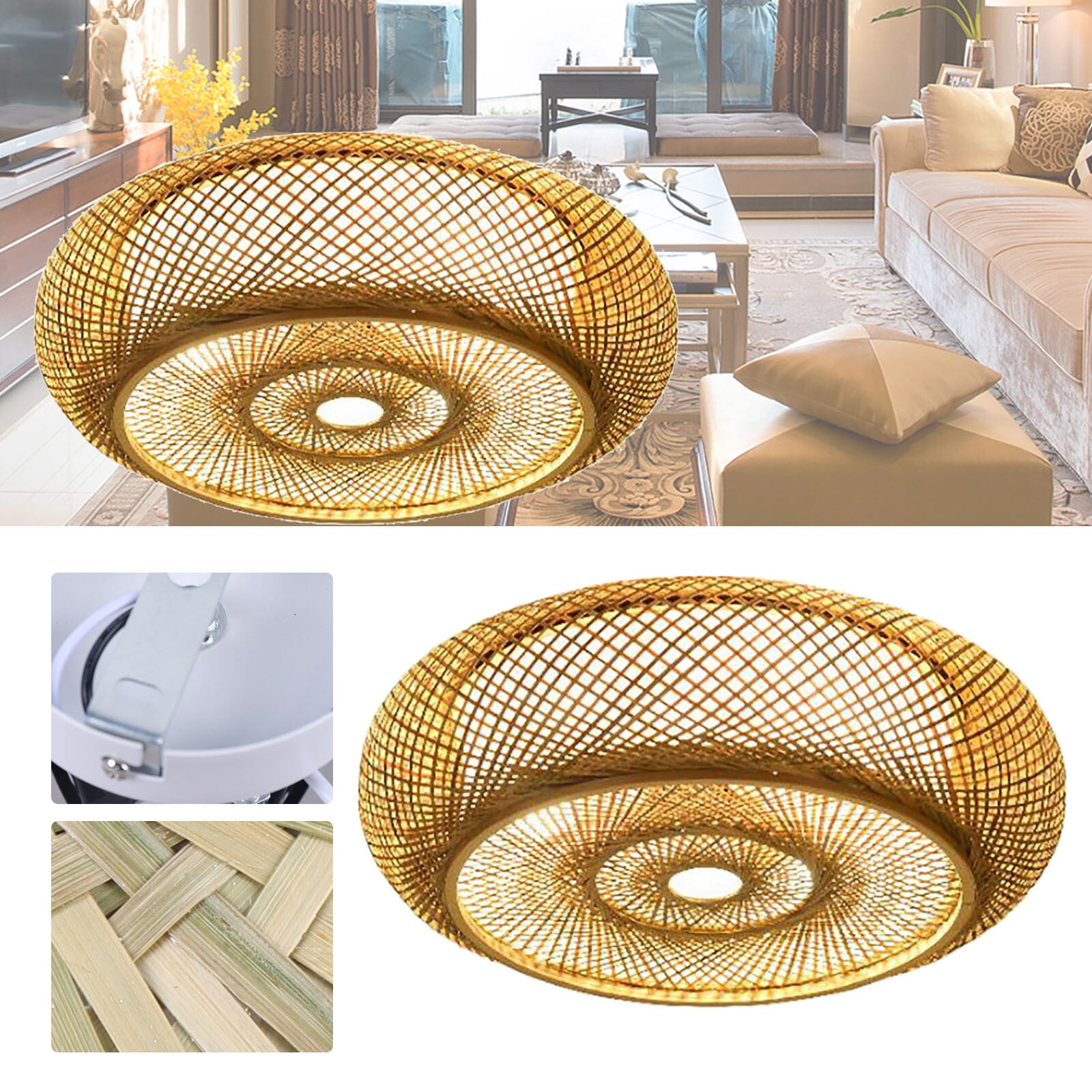 Bamboo Wicker Rattan Ceiling Light Fixture Flush Mount Rustic Ceiling ...