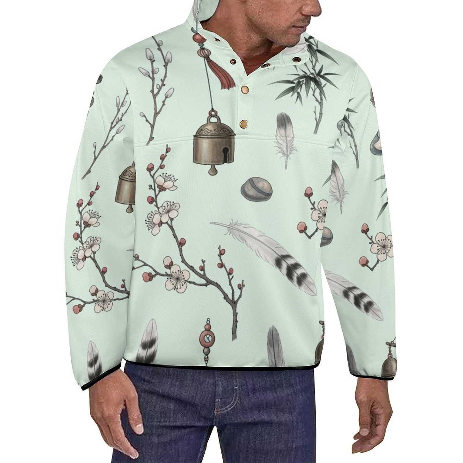 Bamboo Wind Chimes Decor Men's Stand Collar Sweater Long Sleeve ...