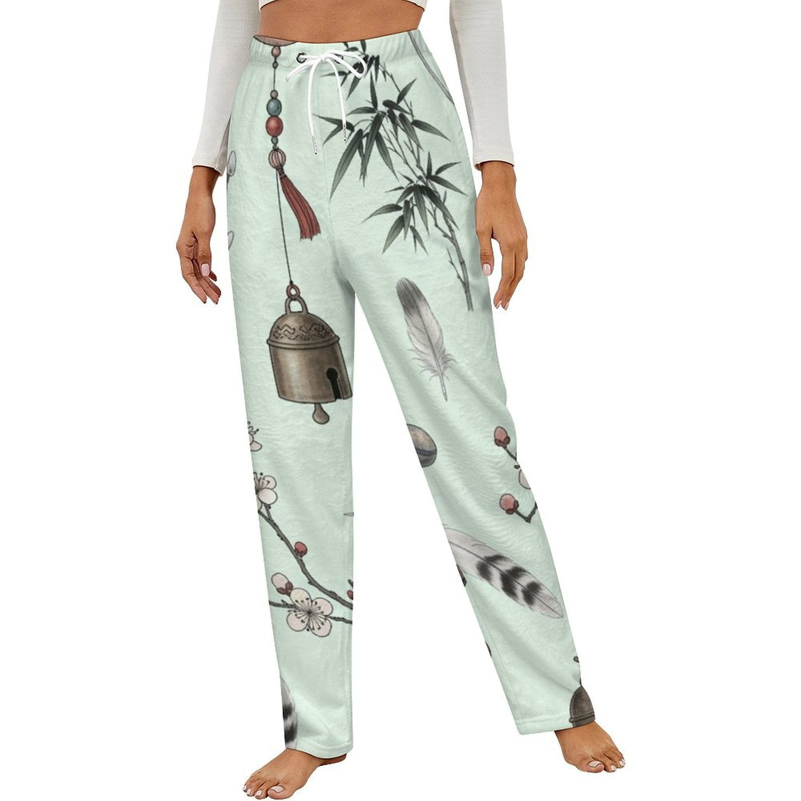 Bamboo Wind Chimes Decor Winter Female Pants Flannel High Waist Women ...