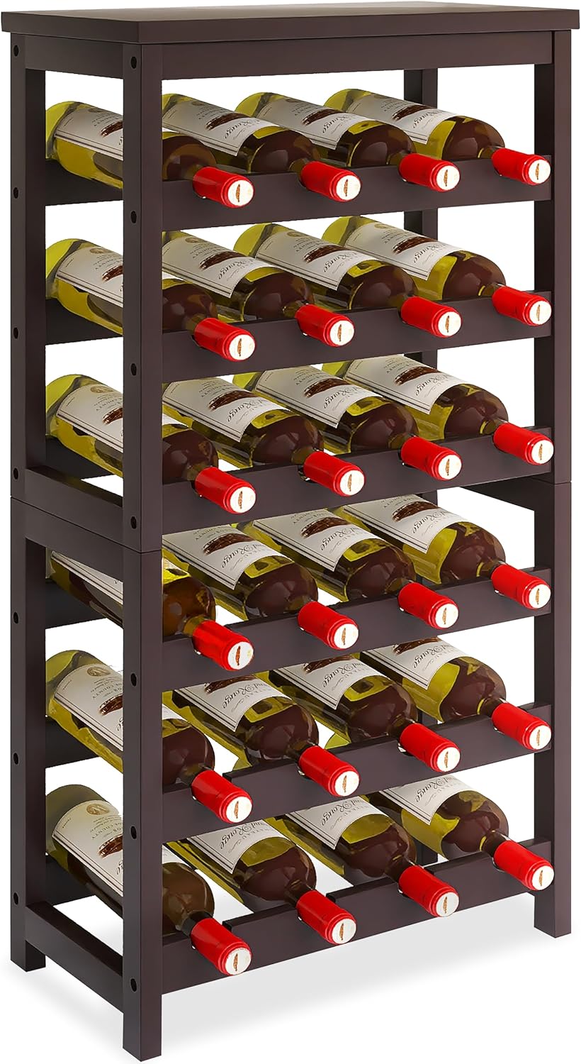 Bamboo Wine Rack, 24 Bottles Wine Display Storage Shelves with Table ...