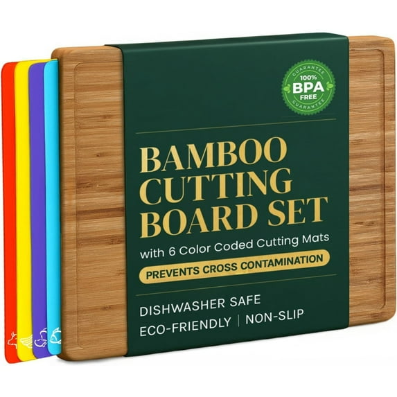 Bamboo Wood Cutting Board Set, Bamboo with 6 Color Coded Flexible ...
