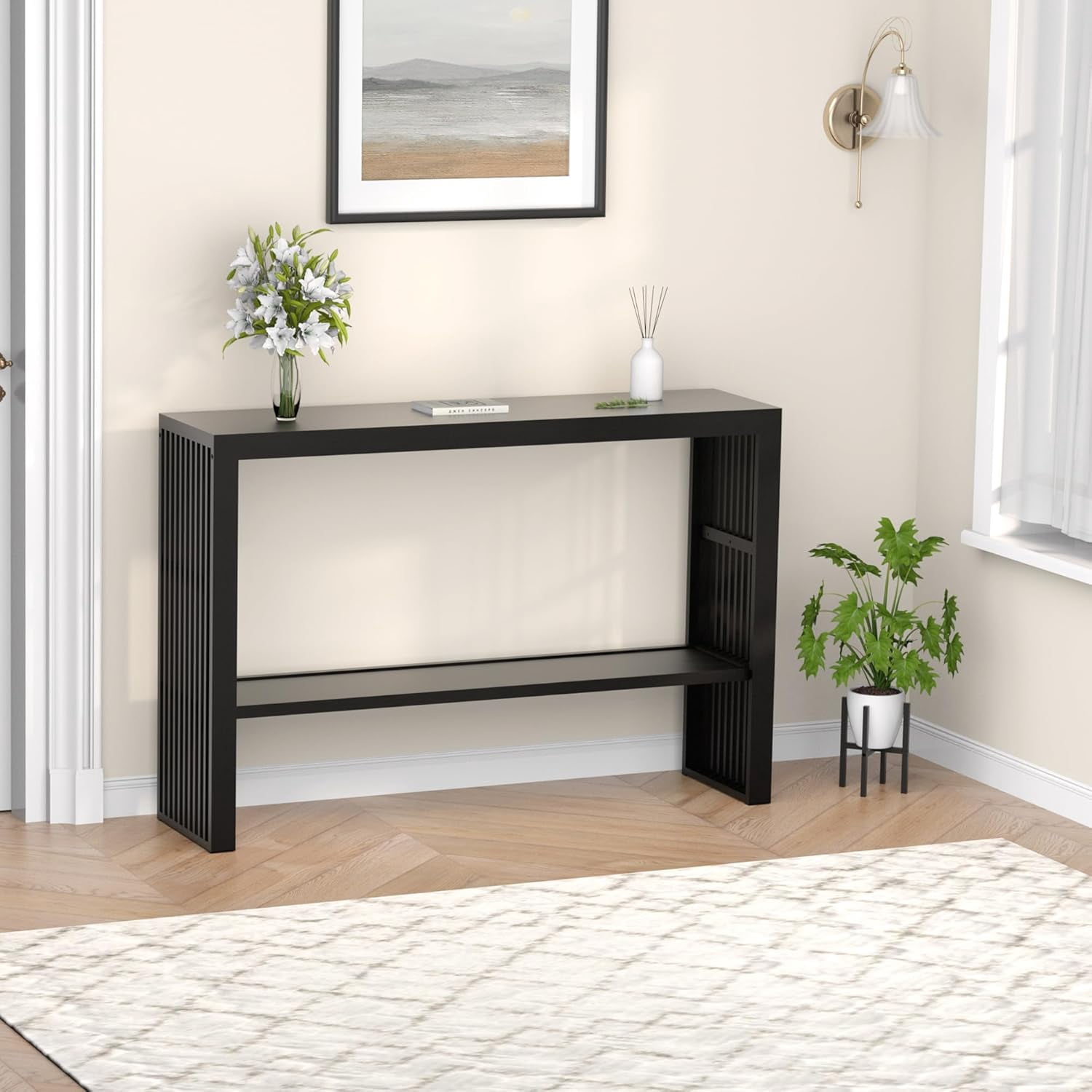 Bamboo Wood Entryway Table 47.2" Console Table, 2-Tier Farmhouse Narrow ...