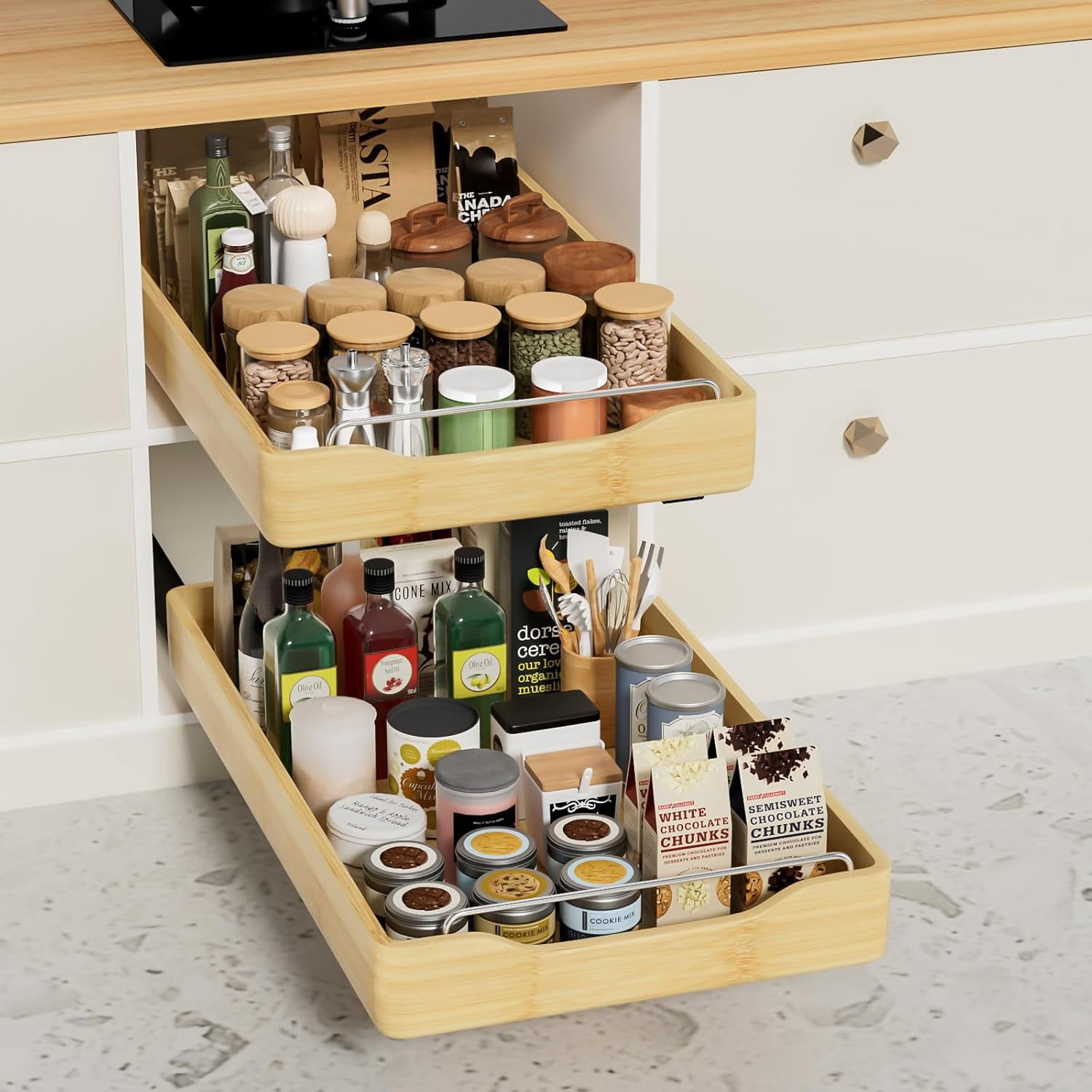 Bamboo Wood Pull Out Cabinet Organizer Fixed With Adhesive Nano Film ...