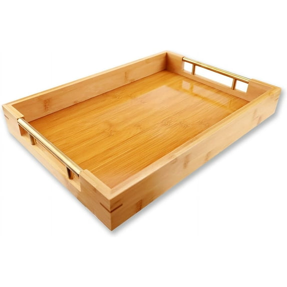 15x10.4 Inch Bamboo Wood Serving Tray with Gold Handles, Rectangular ...