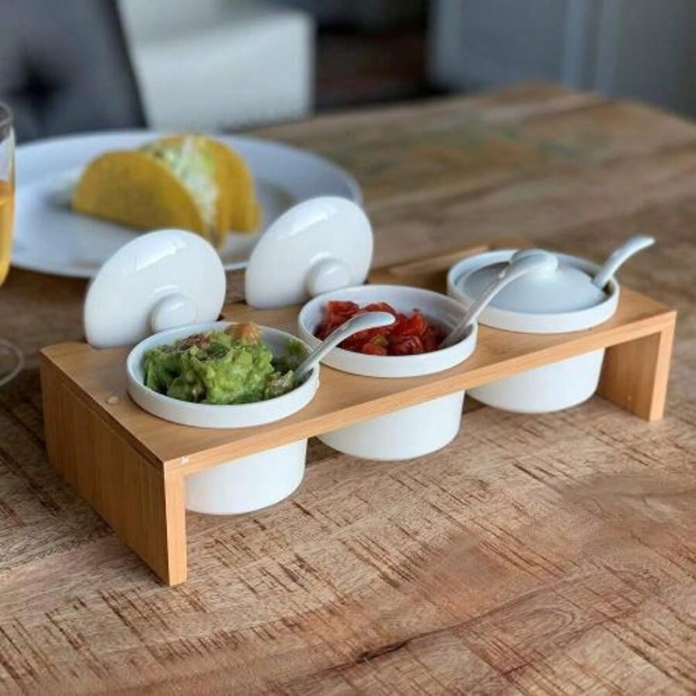 Bamboo Wood Serving Tray With 3 Ceramic White Bowls Lids And Spoons ...
