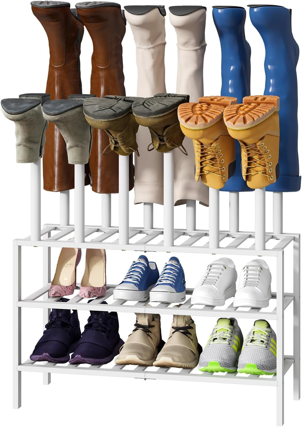 Bamboo Wood Shoe Shelf Storage Organizer for Entryway, White Boot Rack ...