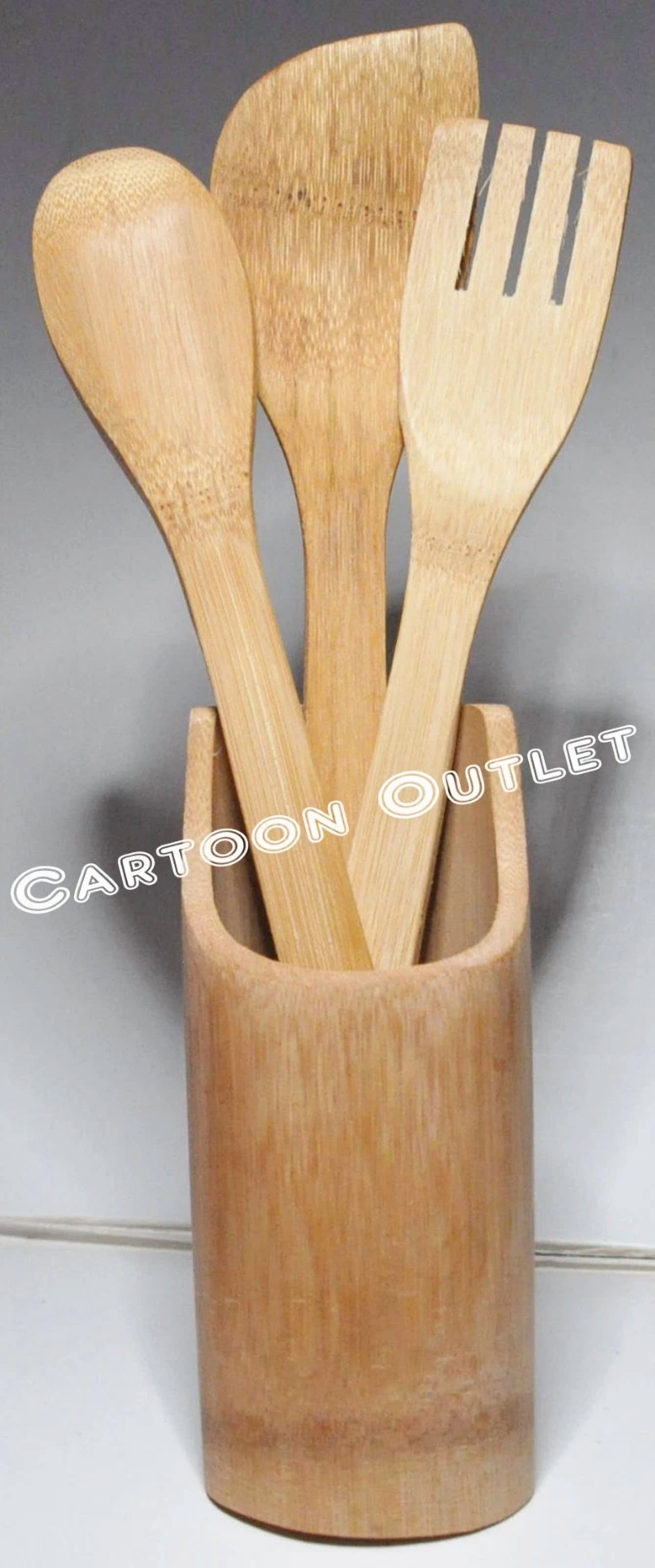 Bamboo Wood Spoon Set And Holder 3 Spoons Kitchen Accessory New Gift ...