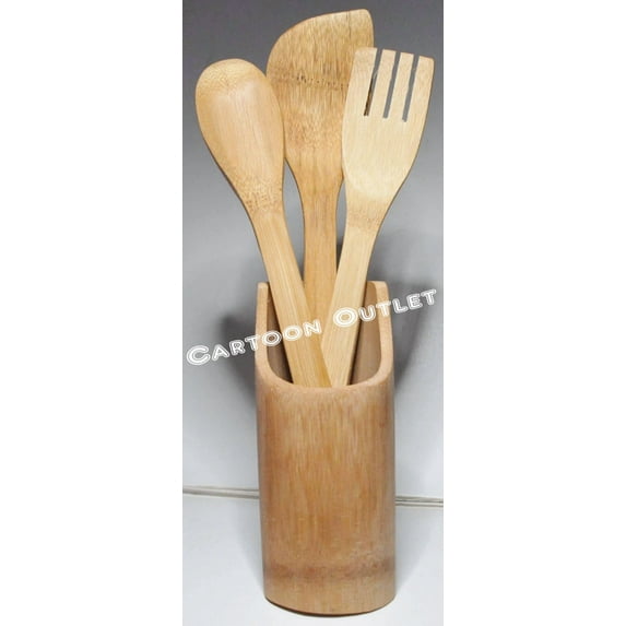 Bamboo Wood Spoon Set And Holder 3 Spoons Kitchen Accessory New Gift ...