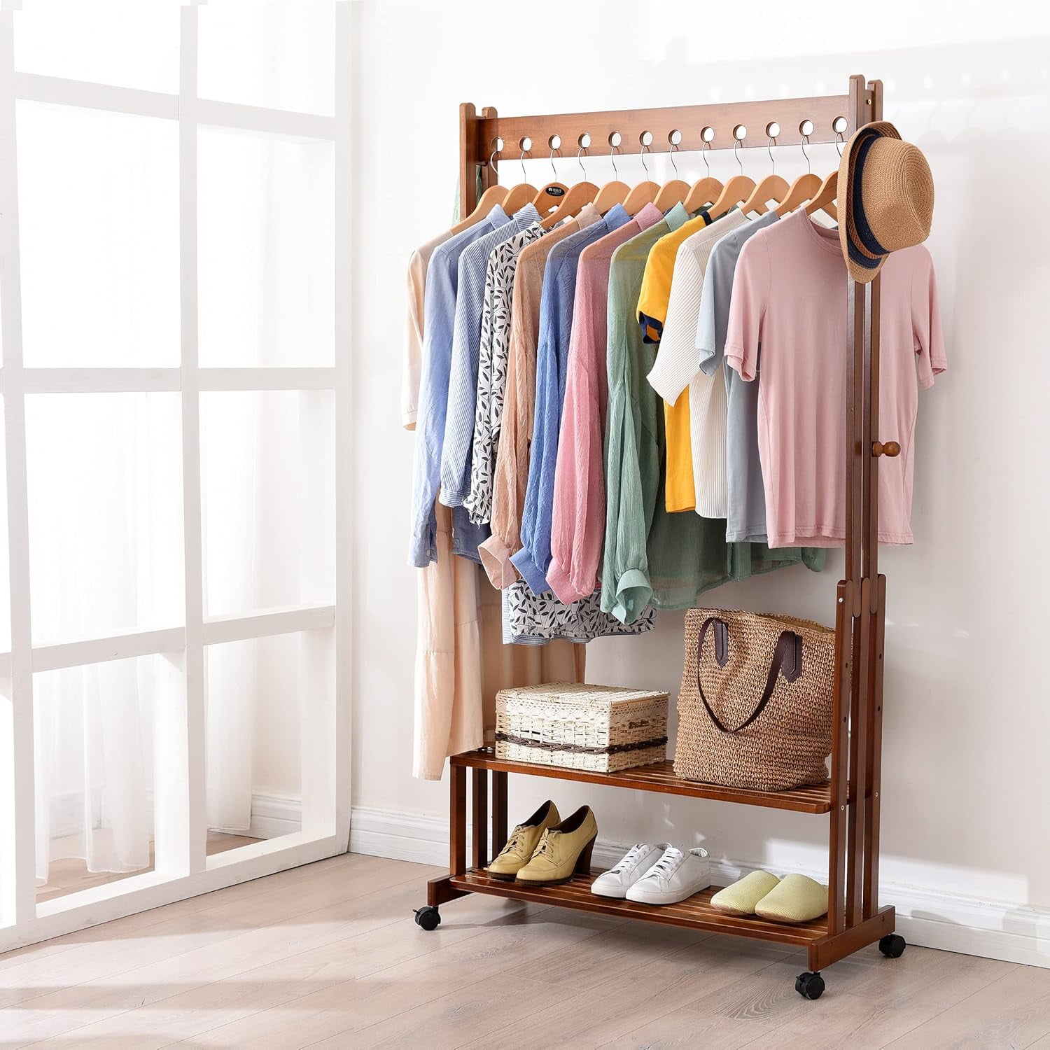 Bamboo Wooden Garment Rack Freestanding Closet Organizers and Storage ...