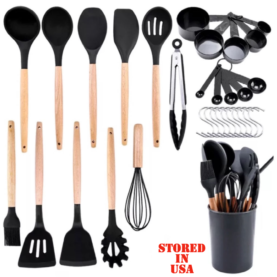 Hong Tai 32-Piece Bamboo Wooden Handles Silicone Kitchen Tools Set with ...