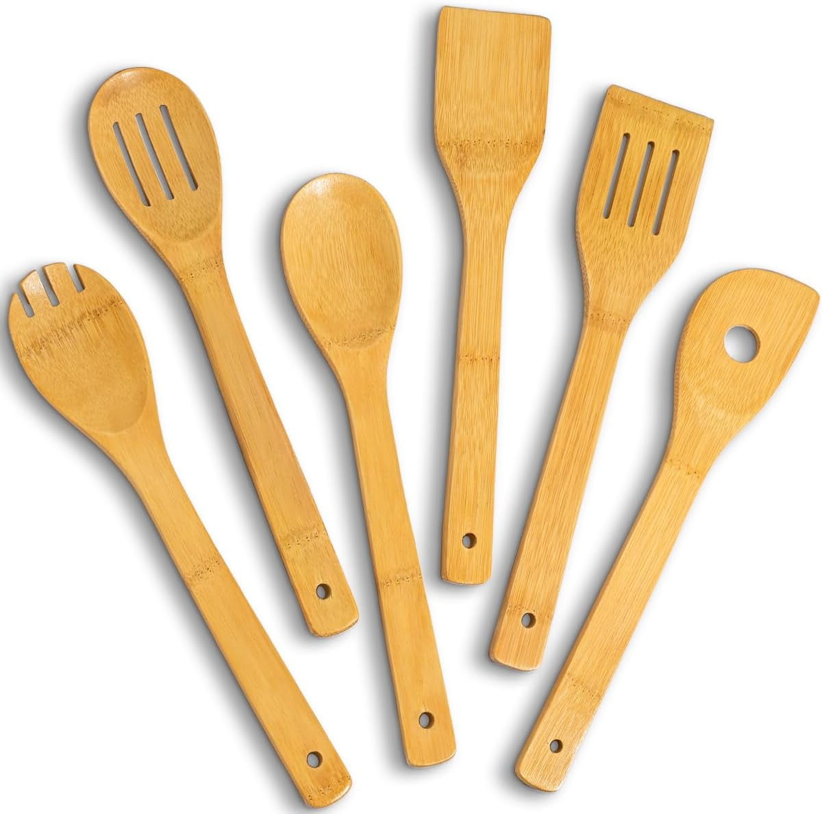 Bamboo Wooden Spoons for Cooking 6 Pcs 12 Inch, Non-Stick Wooden ...