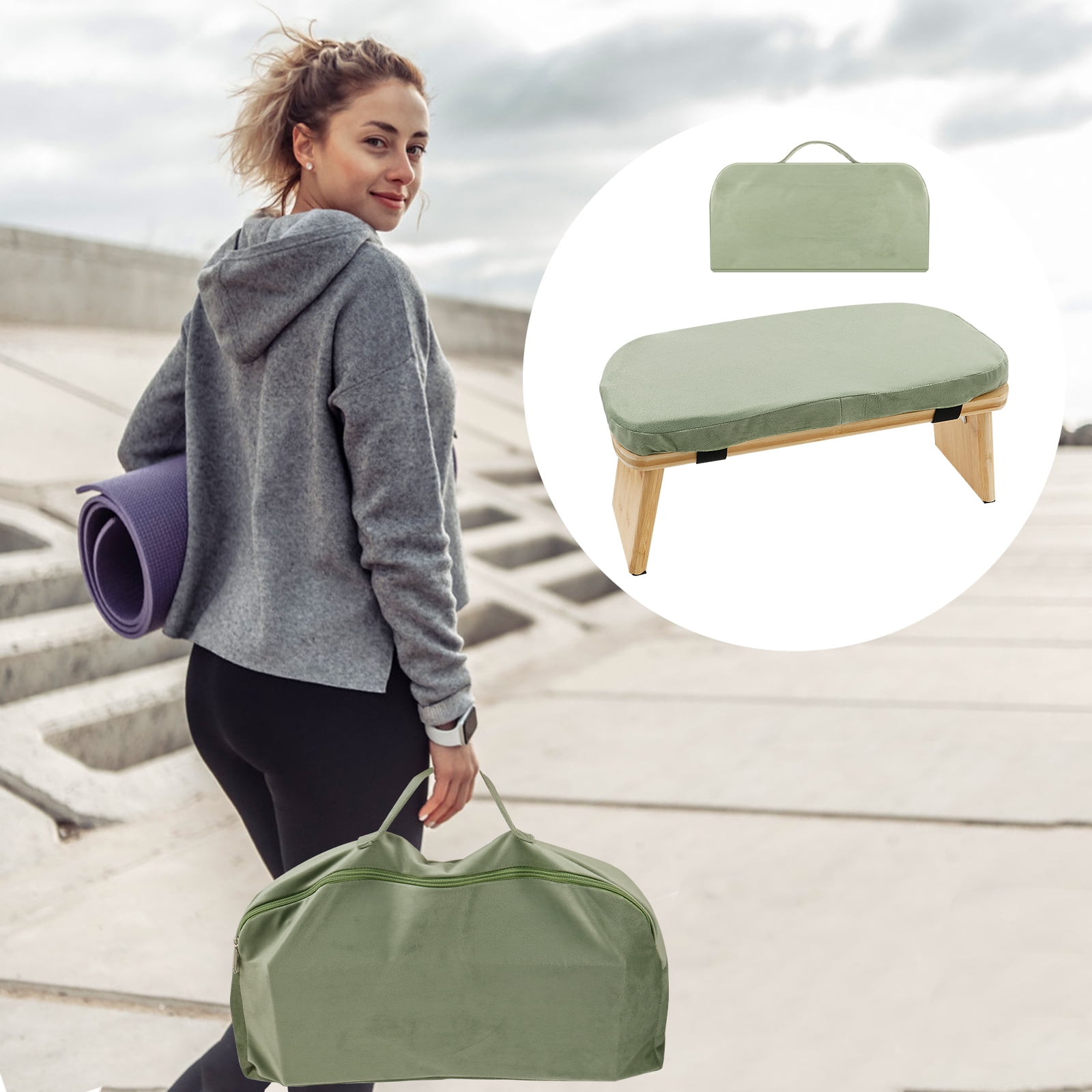 Bamboo Yoga Bench with Foldable Legs Ergonomic Kneeling Stool with ...