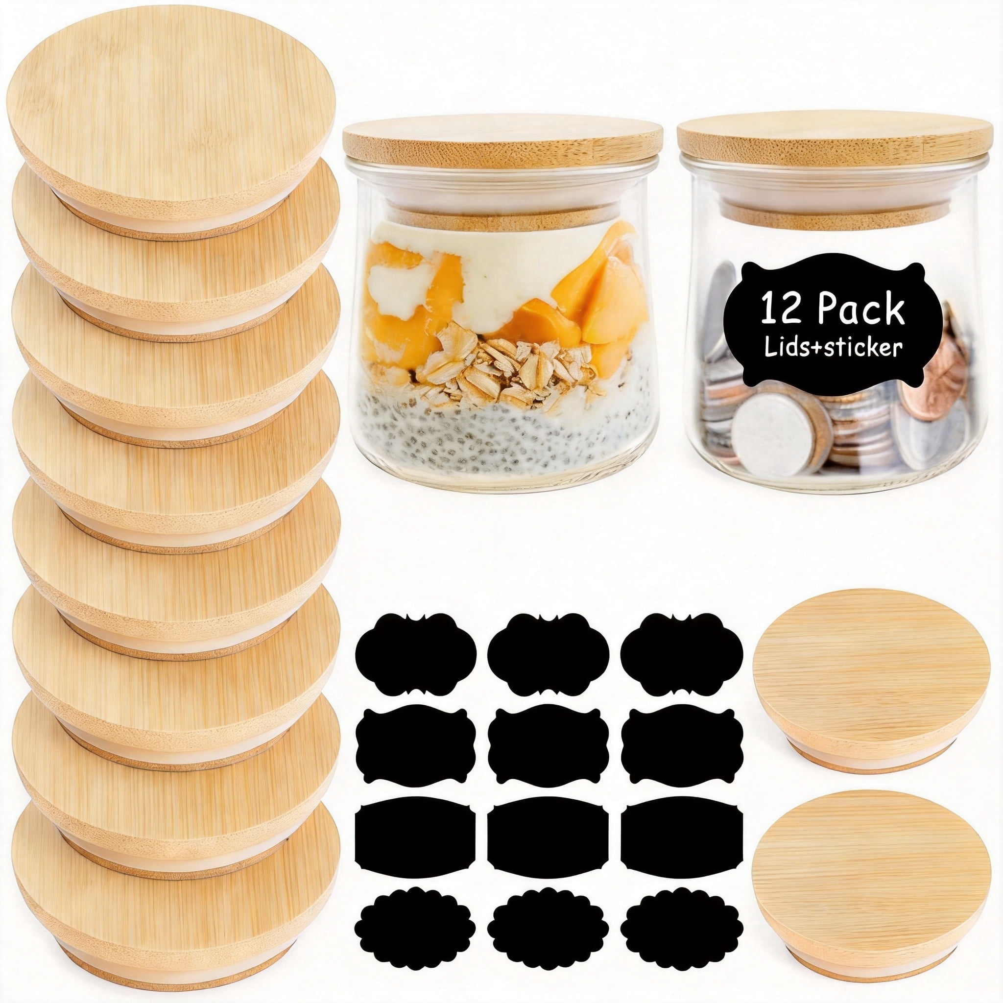 Bamboo Yogurt Jar Lids 12 Pack Reusable Wooden Lids with Silicone ...