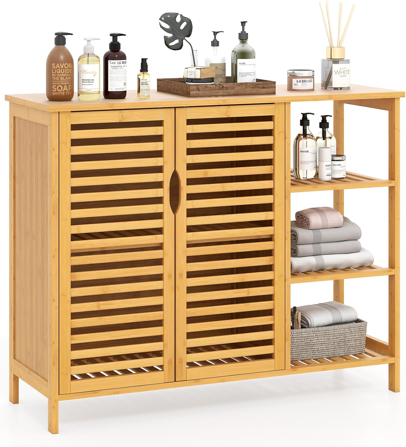 Bamboo bathroom storage cabinet, 2-door storage organizer with shelves ...