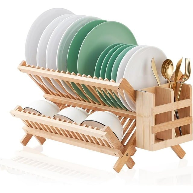 Bamboo dish drying rack, foldable dish rack with cutlery holder ...