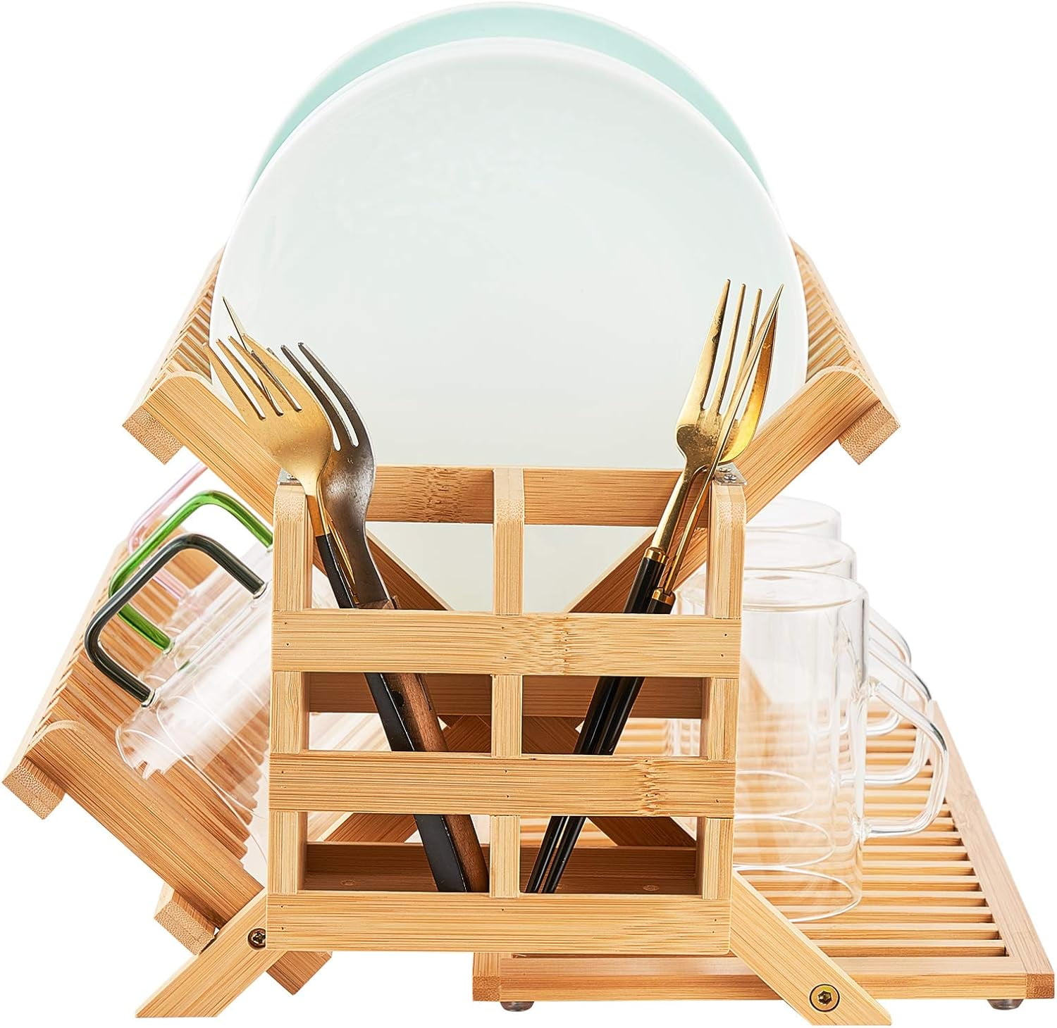 Bamboo dish drying rack, foldable dish rack with cutlery holder ...
