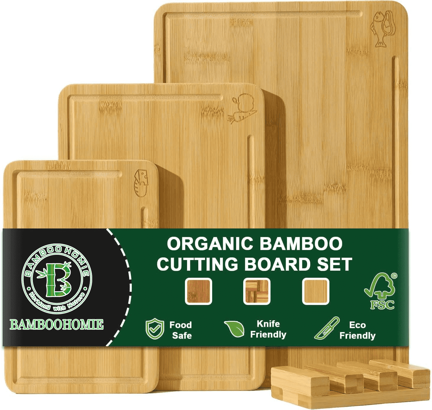 Bamboohomie Bamboo Cutting Board Set of 3 with Stand and Juice Groove ...