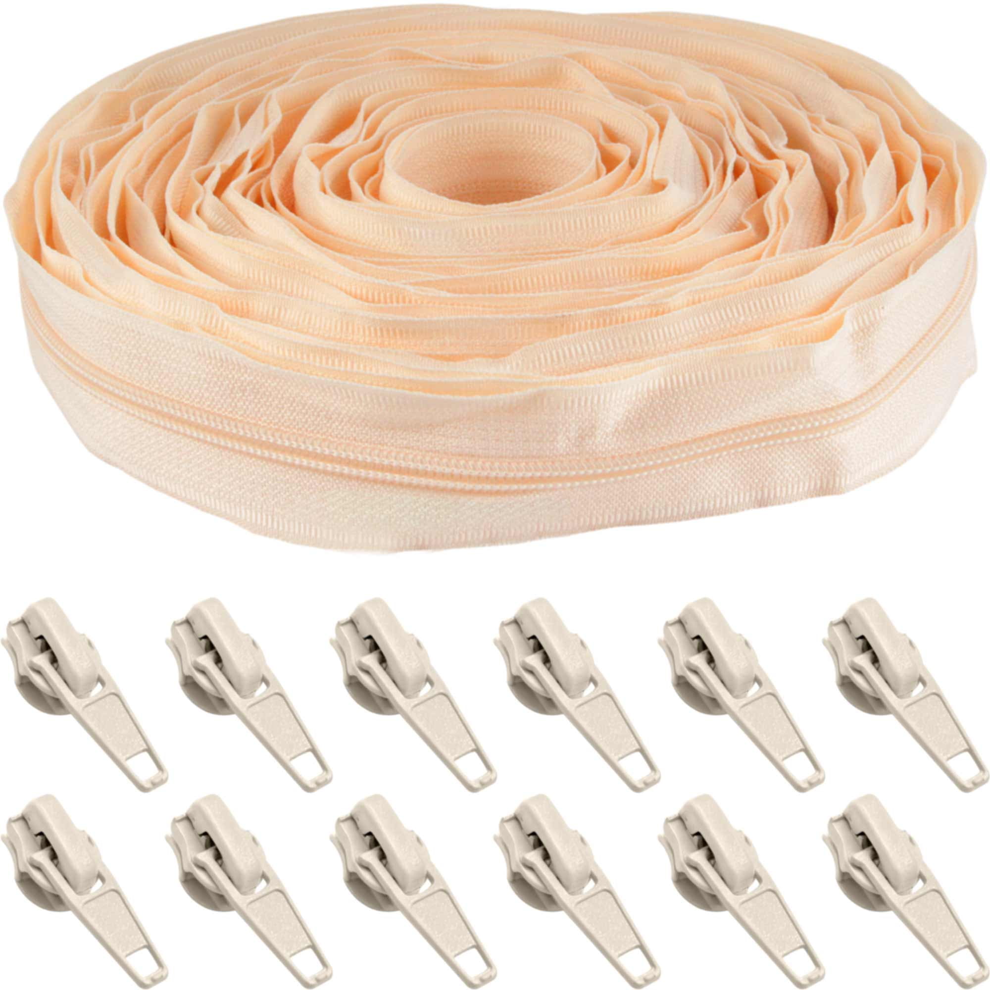 BambooMN 10 Yards Beige Nylon Zipper Tape, 10 Metal Sliders for Repair ...