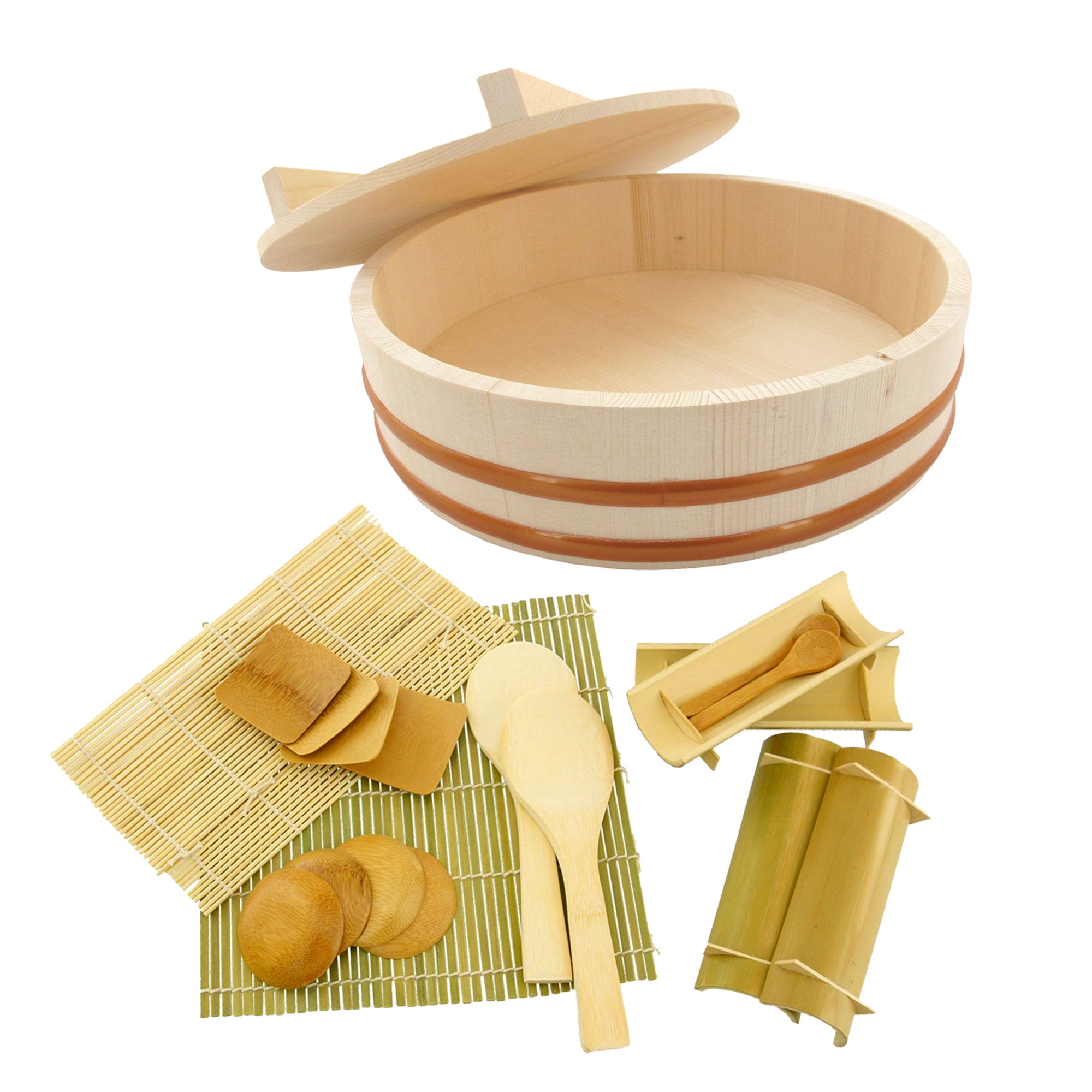 BambooMN 11.8" Hangiri Sushi Oke Rice Mixing Tub with Lid, 19 Pieces ...
