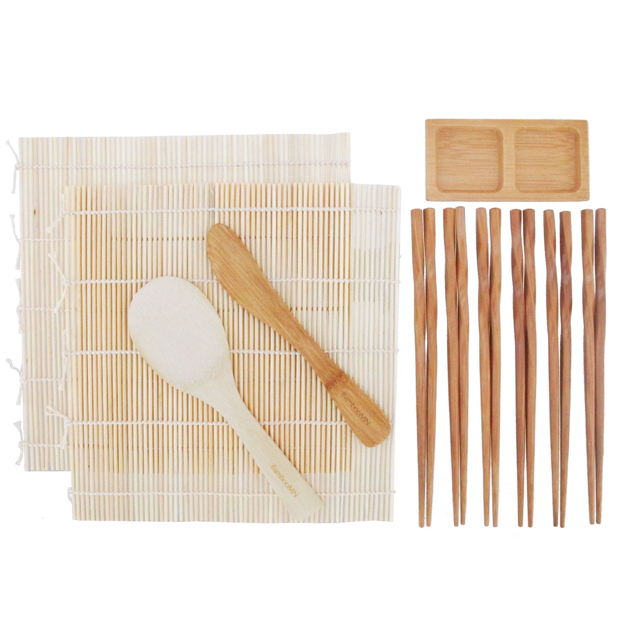 BambooMN Sushi Maker Kit 2x Natural Bamboo Rolling Mats, 1x Rice Paddle ...