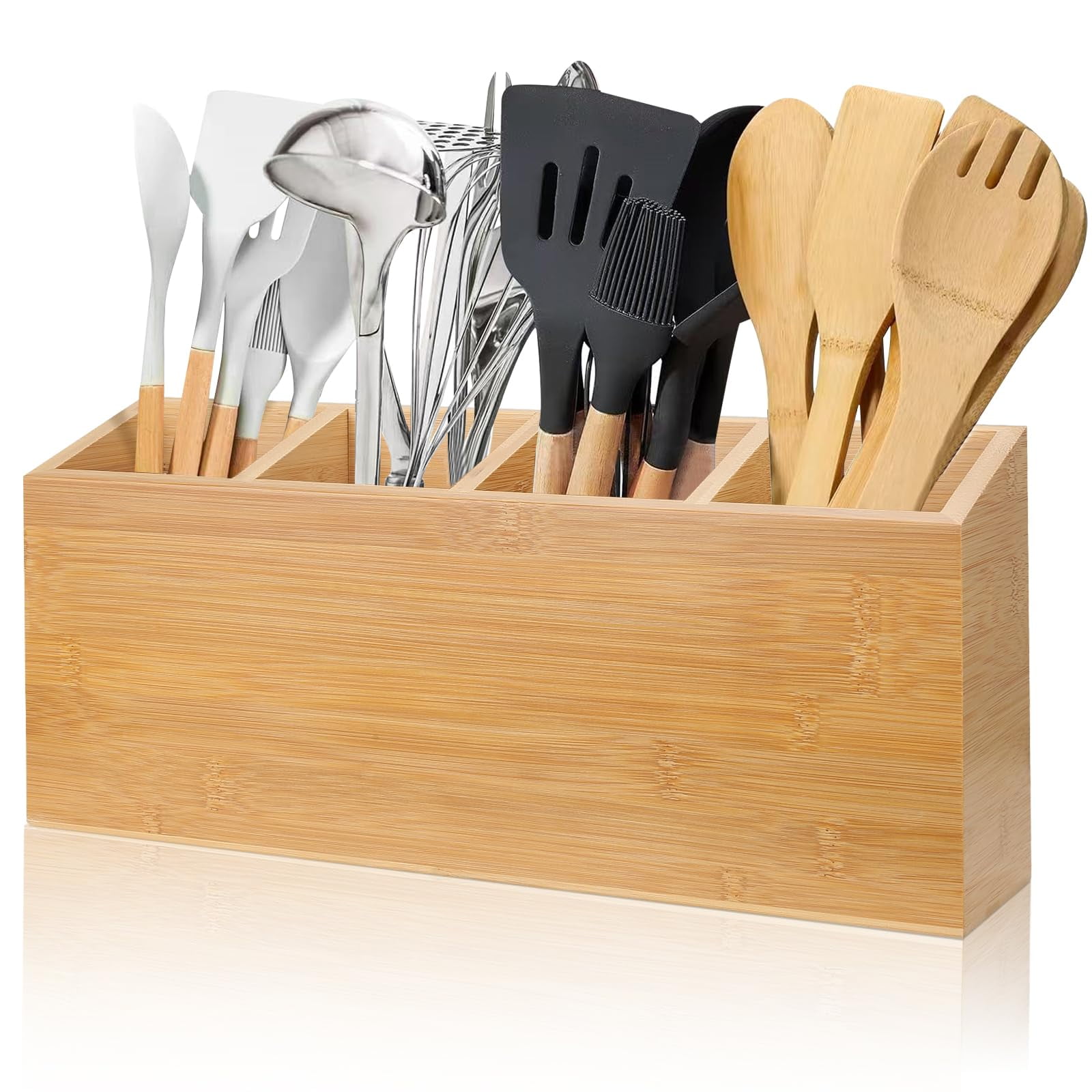 BambooZEN Large Utensils Holder with 4 Compartments, Bamboo Utensil ...