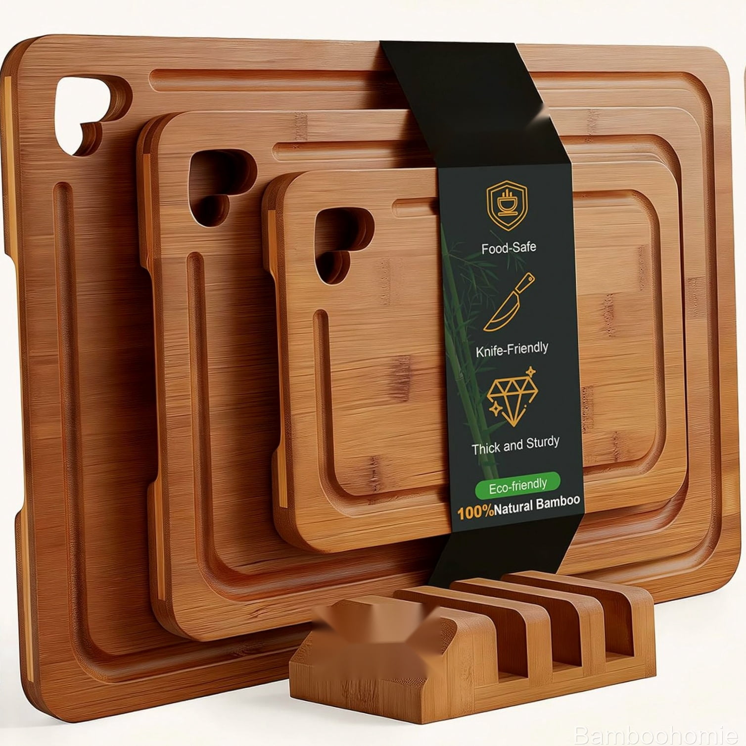Bamboohomie Bamboo Cutting Boards with Juice Groove & Storage Stand, 3 ...