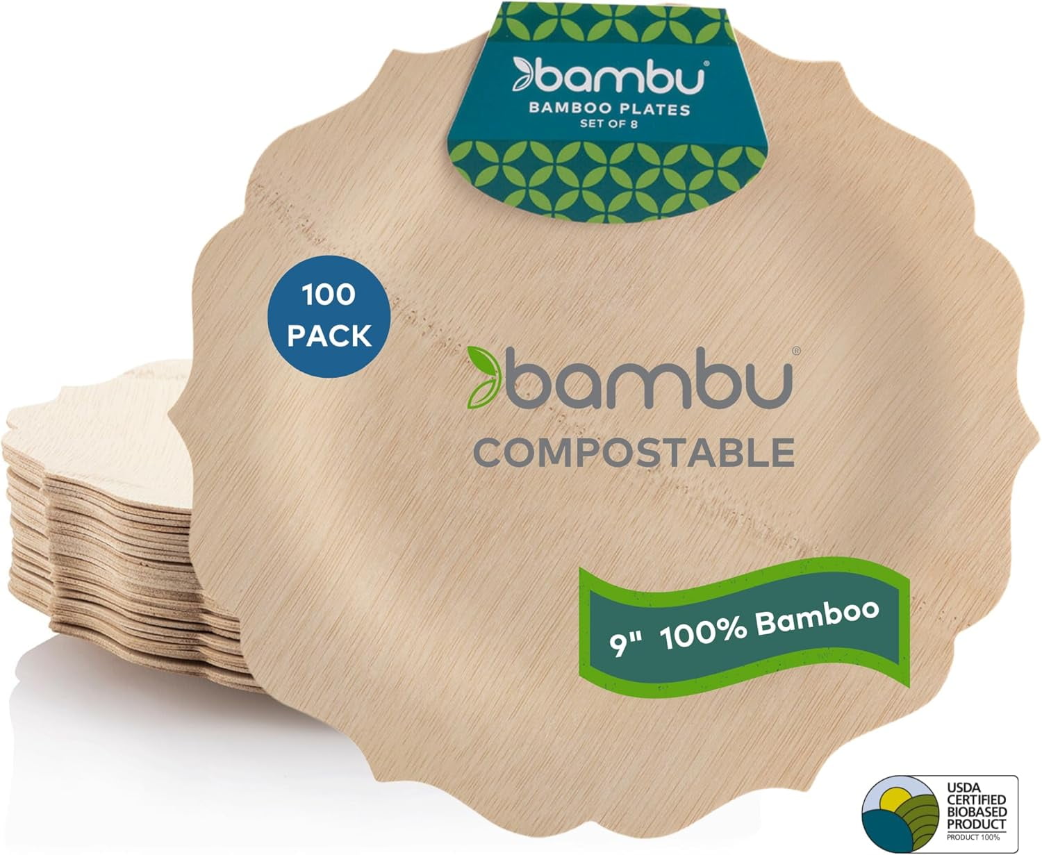 Bambu Pack of 100-9 Inch Disposable Bamboo Plates Fancy, Biodegradable ...