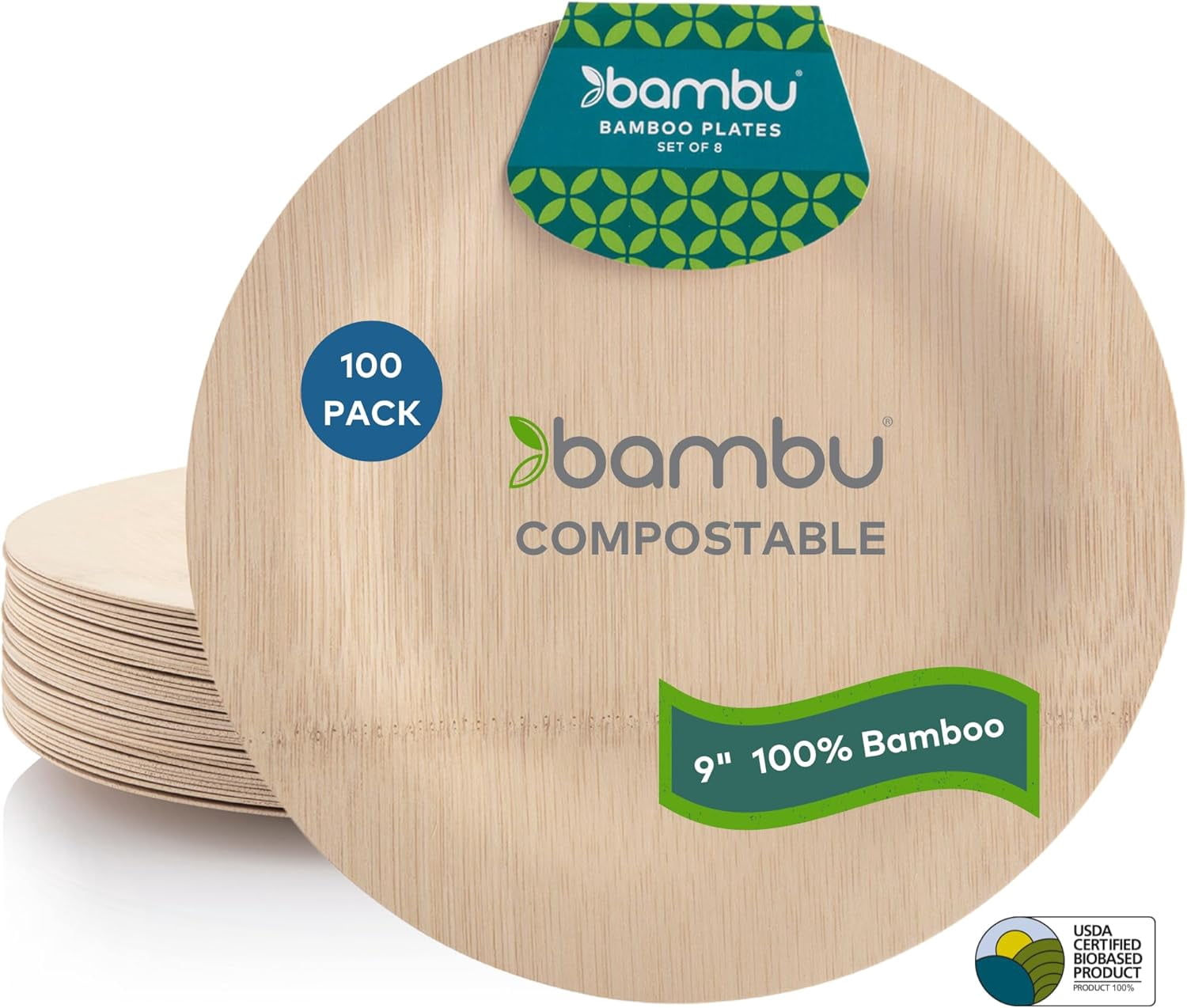 Bambu Pack of 100-9 Inch Disposable Bamboo Plates Round, Biodegradable ...