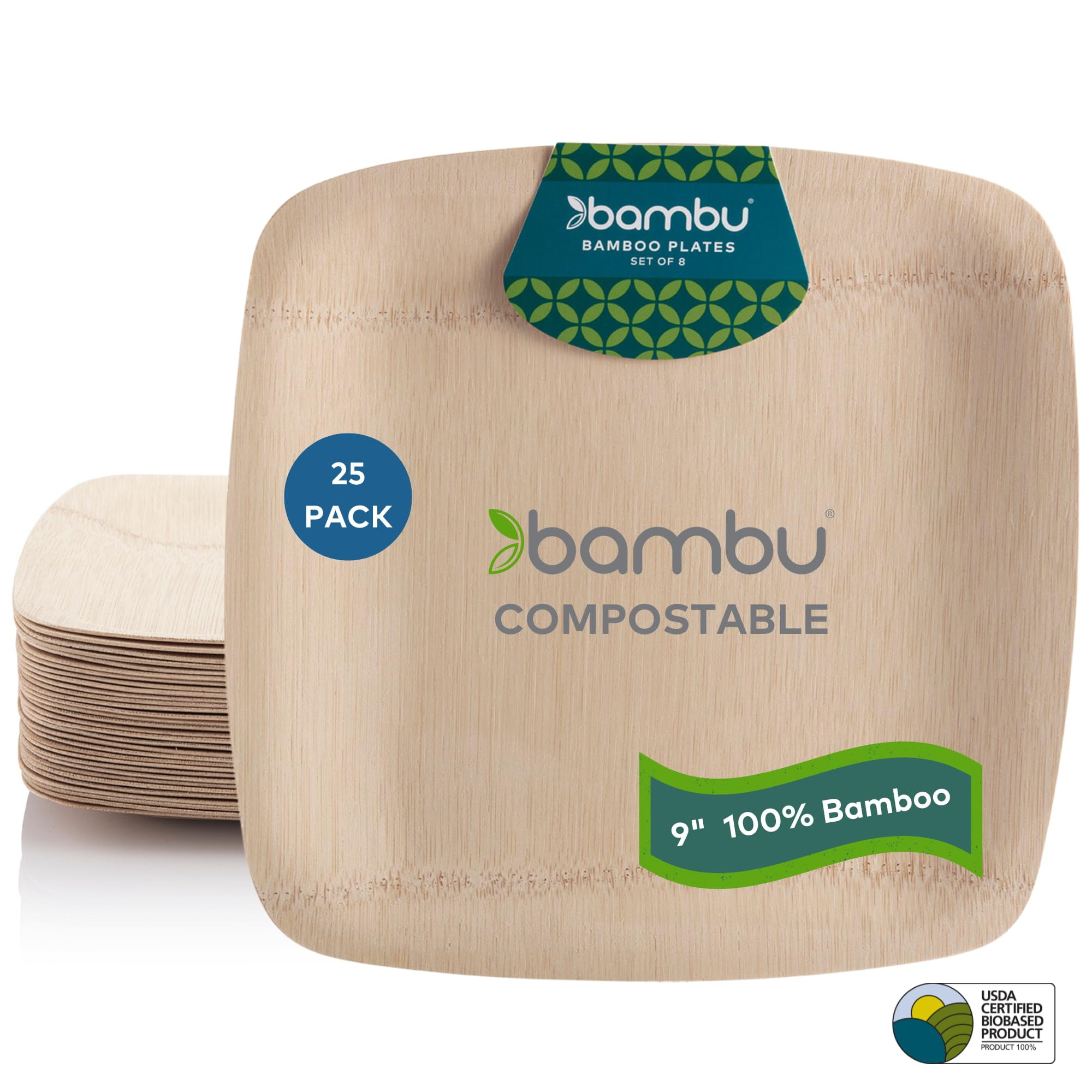 Bambu Pack ofITSC 25-9 Inch Disposable Bamboo Plates Square ...