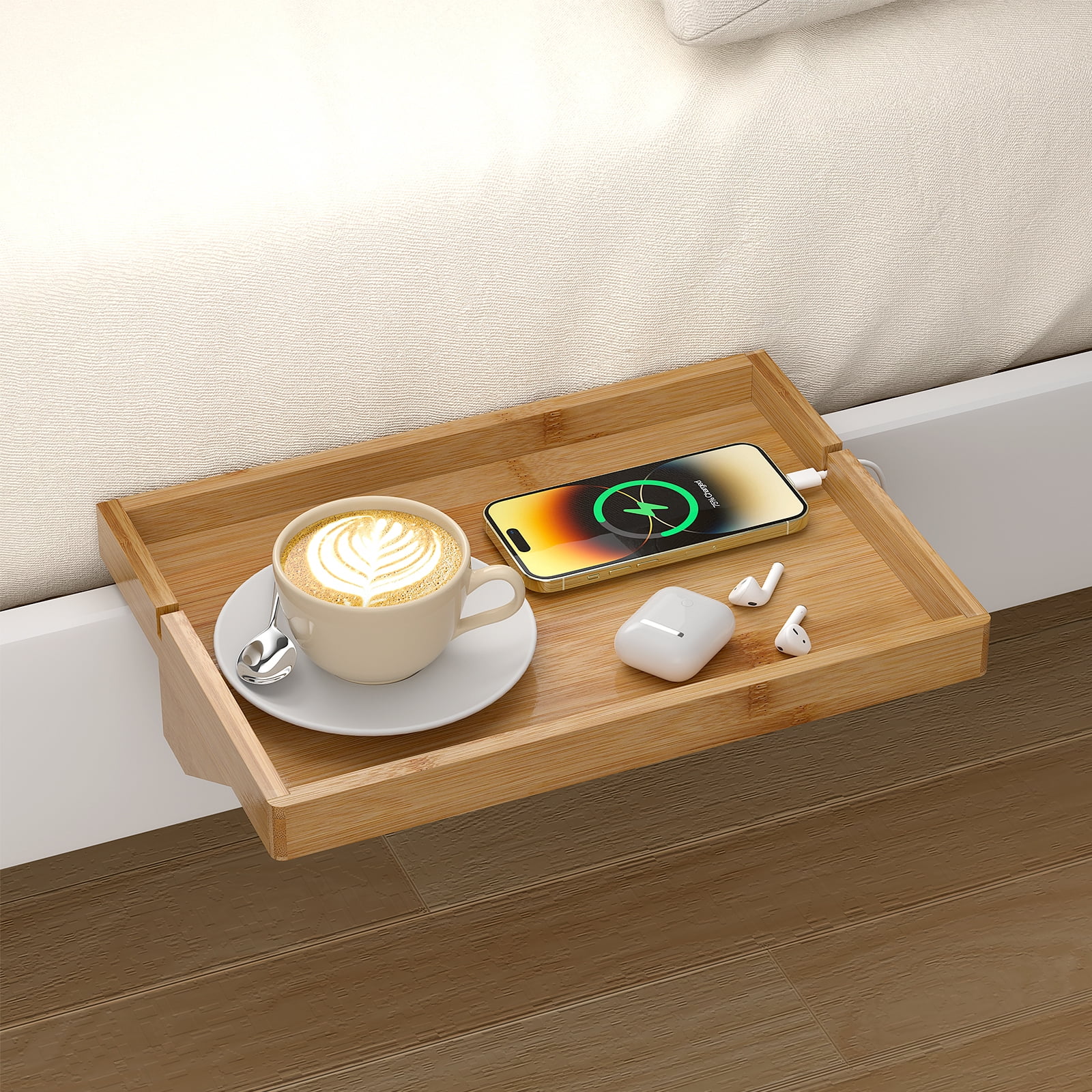 BambuMate Bamboo Bedside Shelf for Bed and Bunk Bedside Tray with Watch ...
