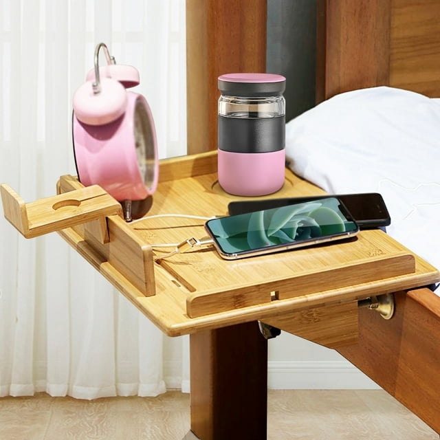 BambuMate Bedside Shelf, Bamboo with Cable Management & Cup Holder ...