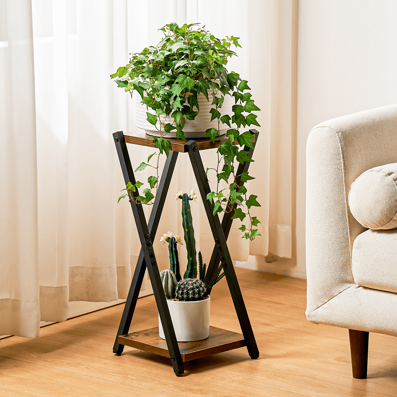 Bamworld 2 Tier Plant Stand Indoor Outdoor, Modern Metal Wooden Corner ...