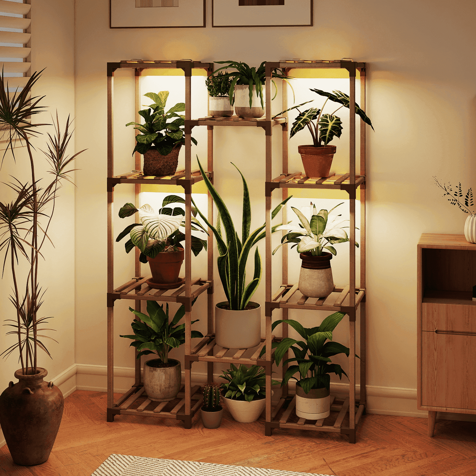 Bamworld Tall Plant Stand with Grow Lights, Indoor Plant Shelf for ...