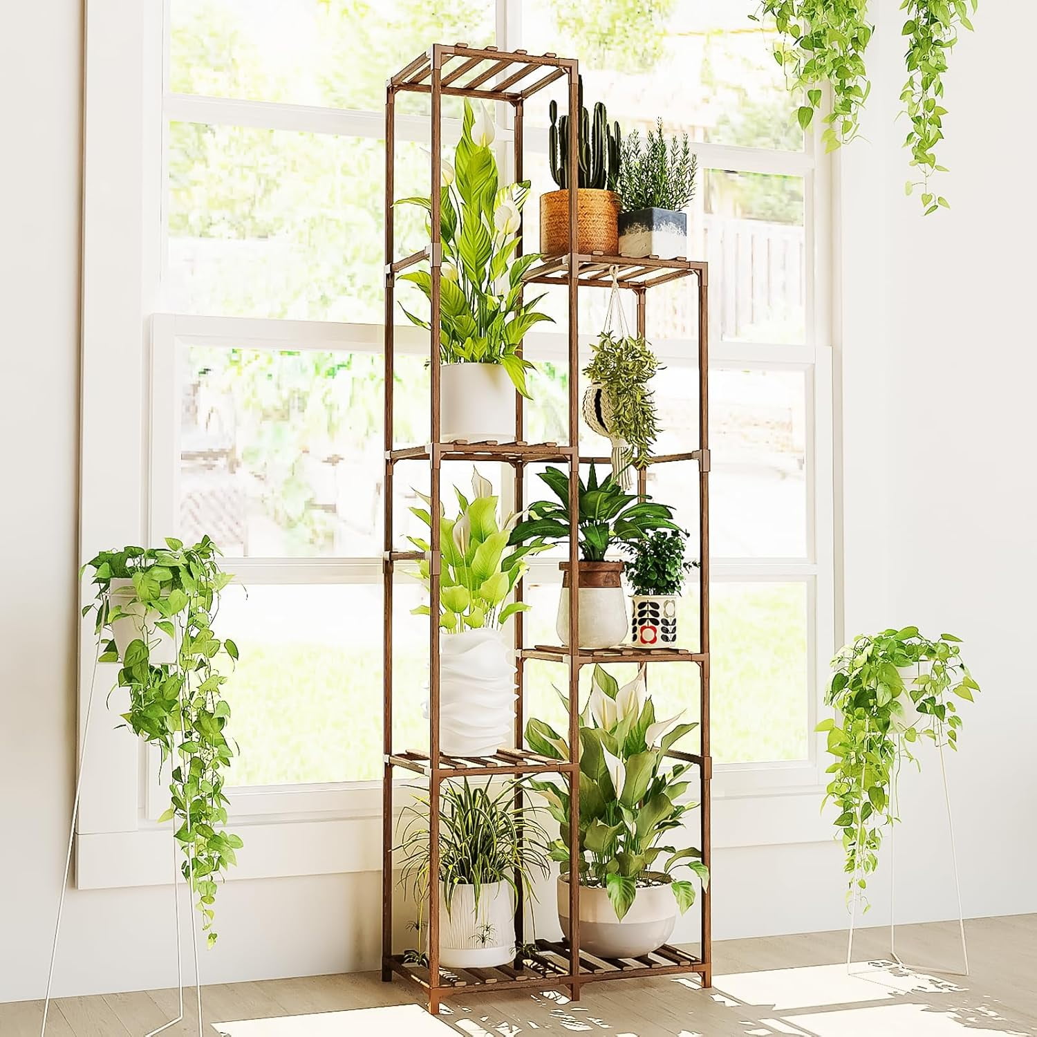 Bamworld Tall Plant Stand Indoor Corner Outdoor Plant Shelf Wood Plant ...