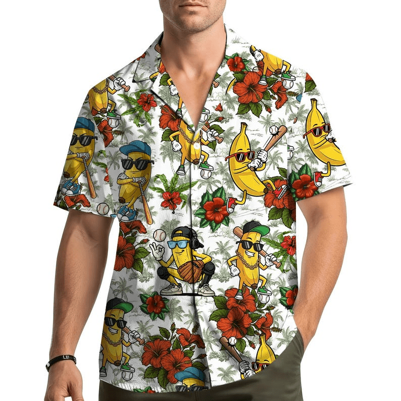 Banana Baseball Hawaiian Shirt, Funny Tropical Fruit Sports Print Short ...