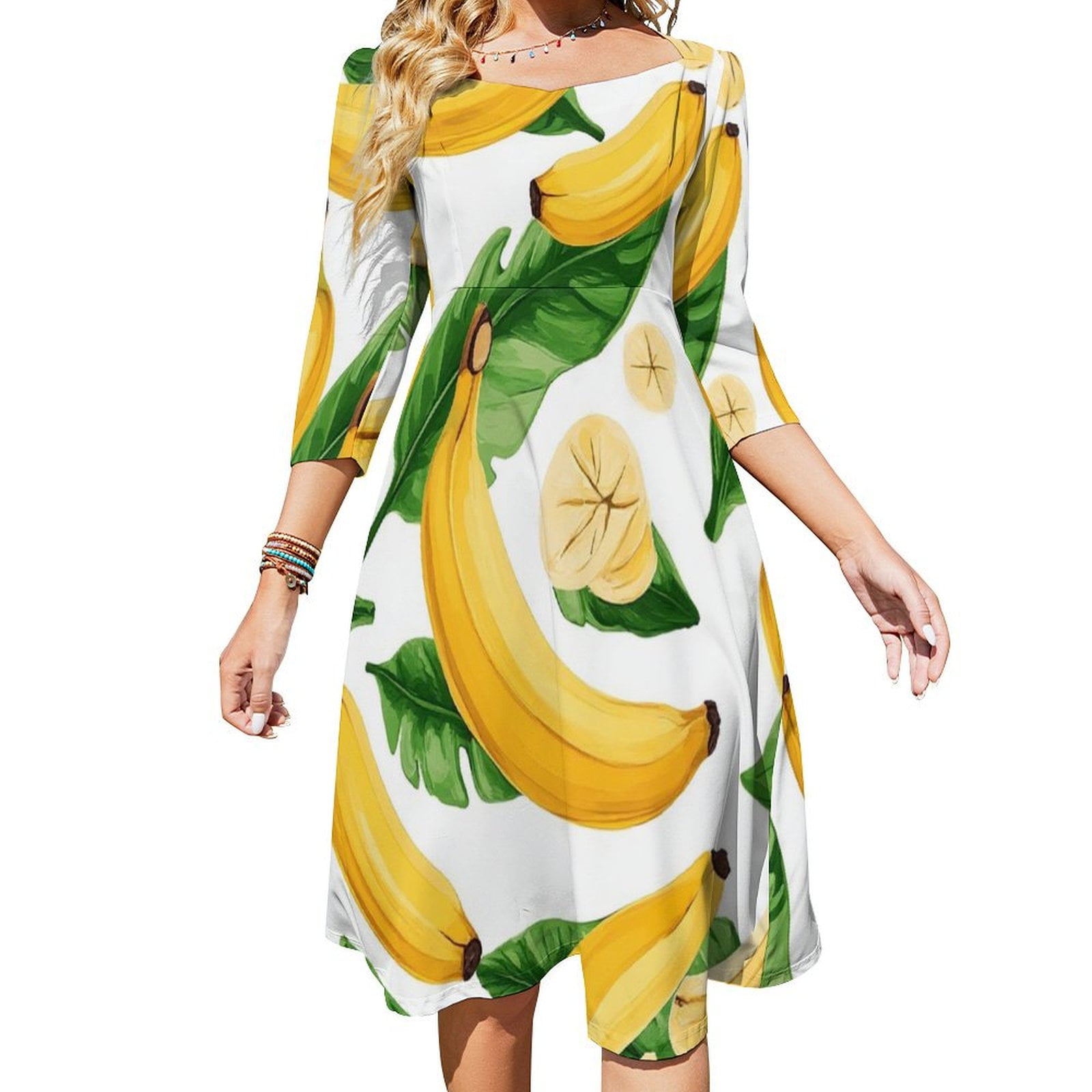 Banana Drawing-4 Womens Summer Dress Tie Back A Line Flare Dress ...