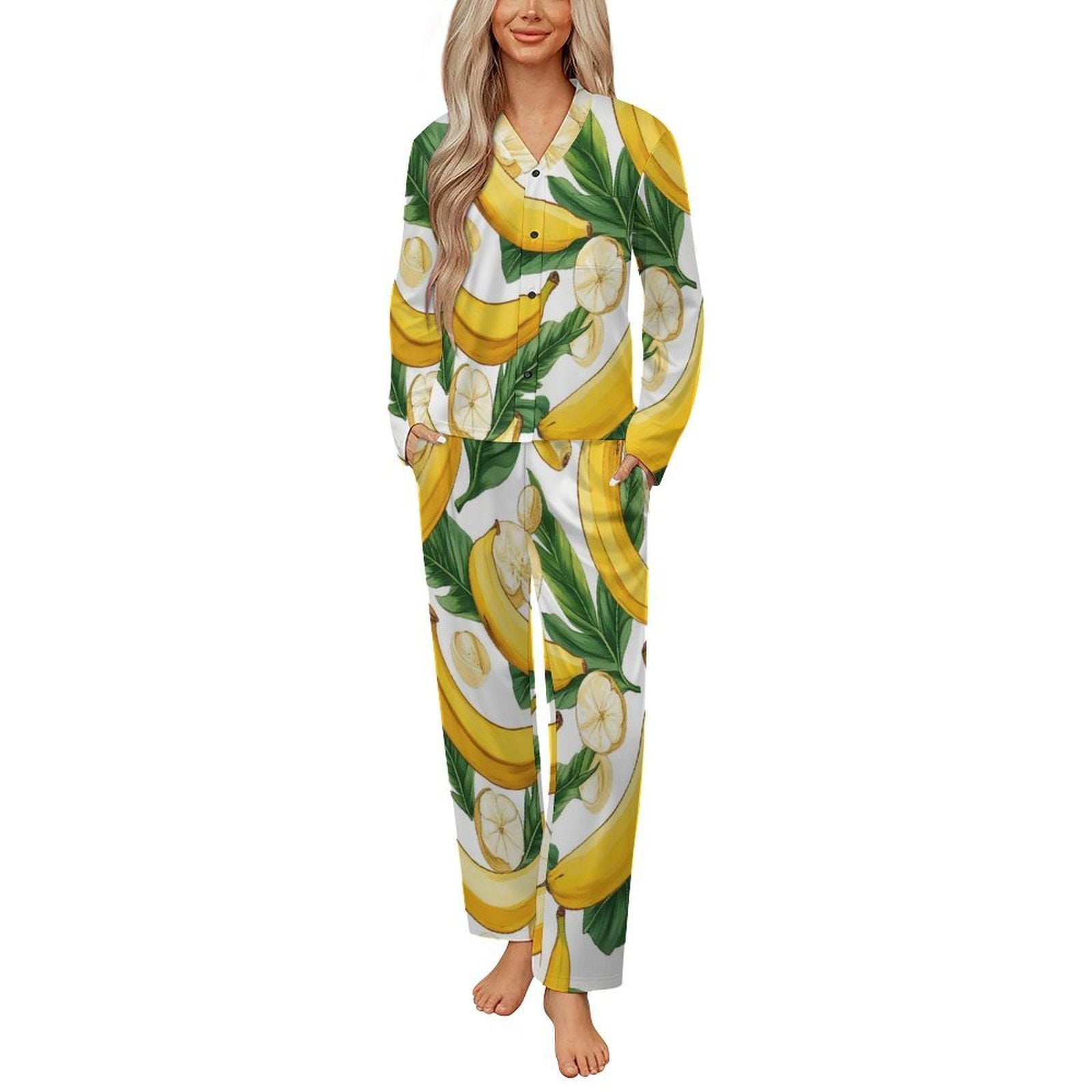 Banana Drawing Womens Pyjamas Set Button Up Pyjamas Womens with Long ...