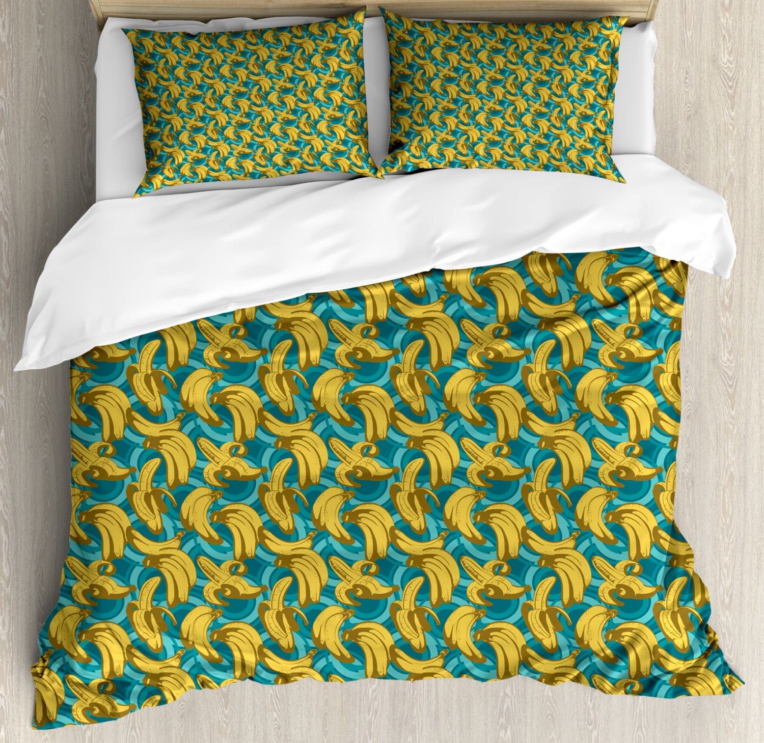 Banana Duvet Cover Set Queen Size, Exotic Fruit Arrangement on a Blue ...