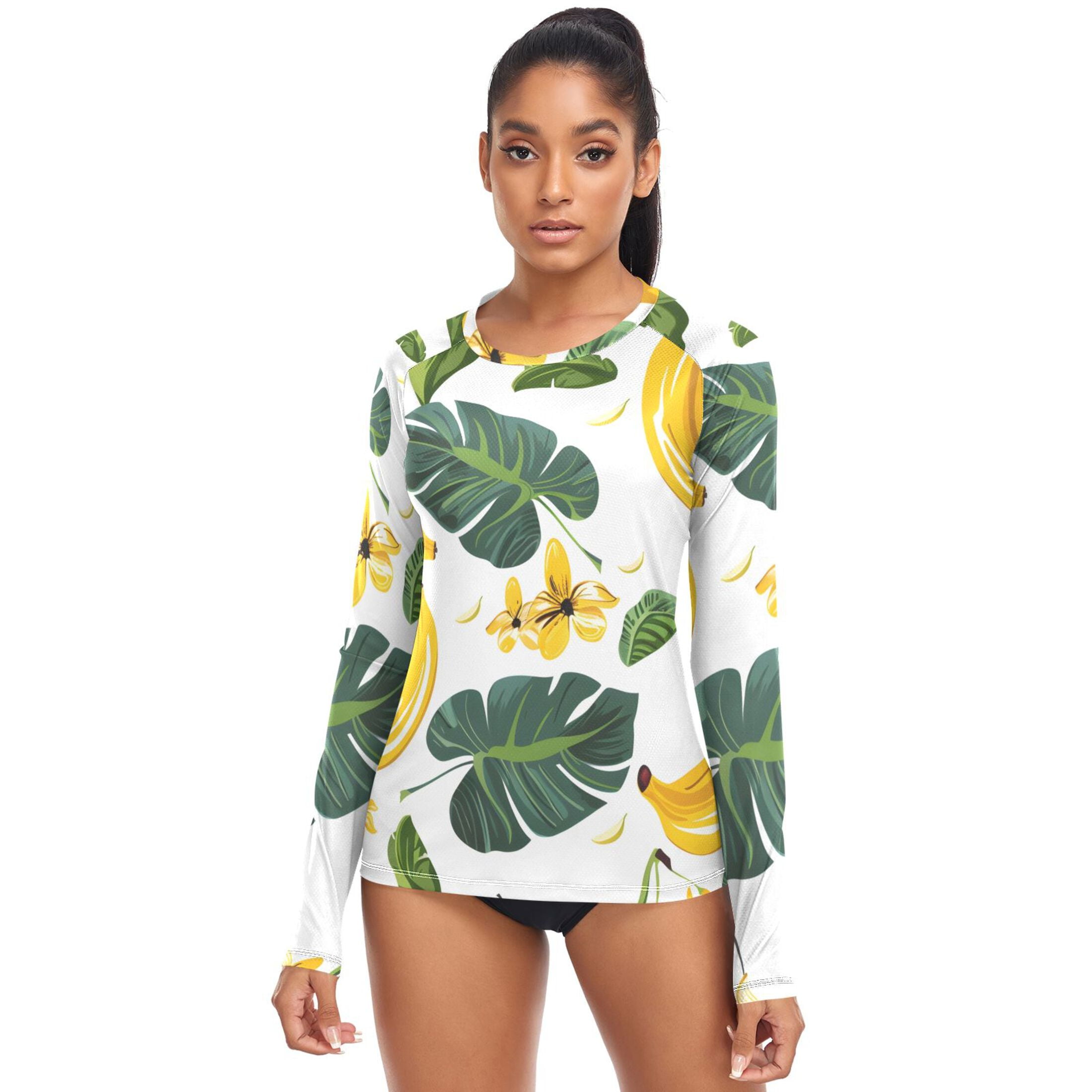 Banana Flowers Palm Leaves Women's Rash Guard Shirts UPF 50+ Sun ...