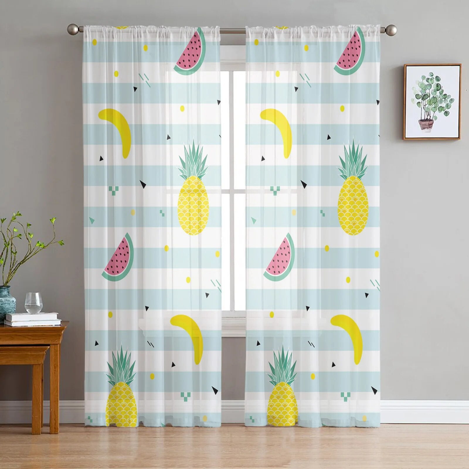 Banana Fruit Stripes Sheer Window Curtains for Bedroom Hall Drapes Home ...