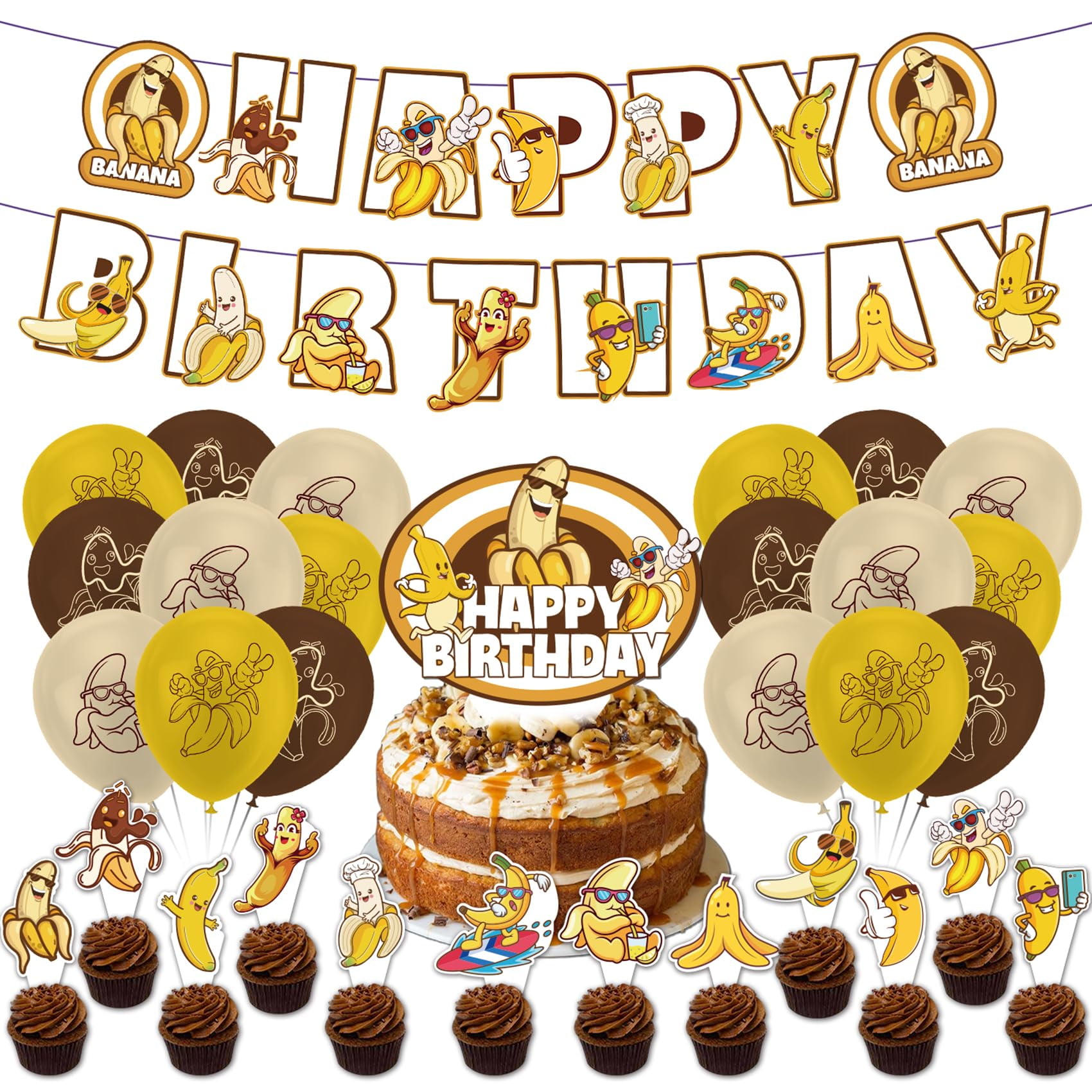Banana Happy Birthday Banner & Cake Topper Set - Includes Banana Themed ...