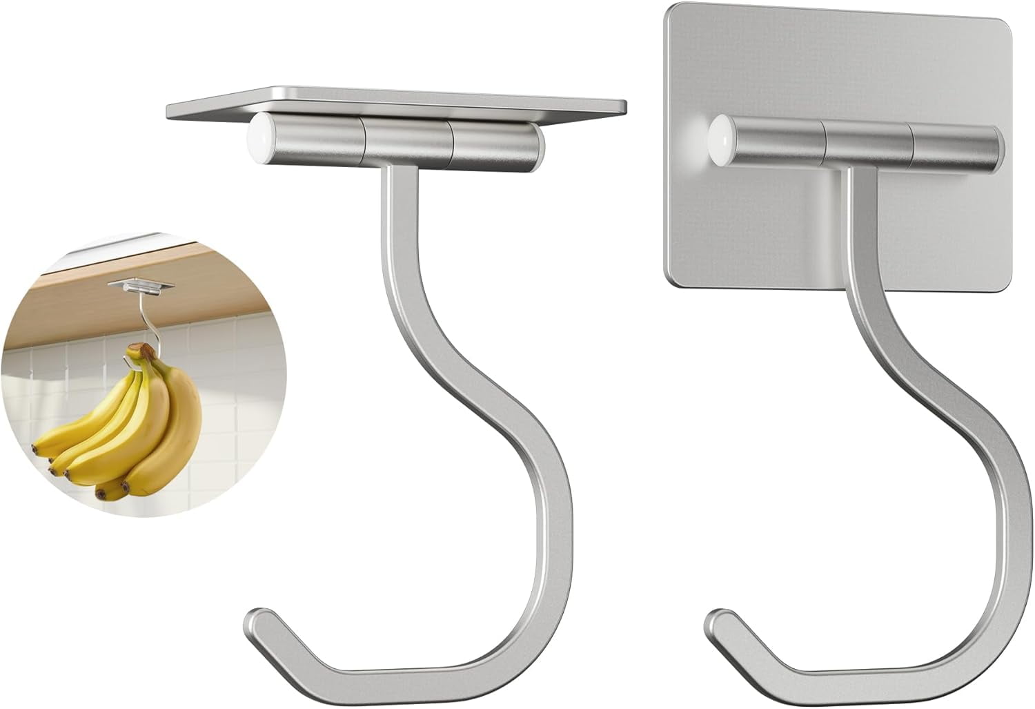 Banana Hook Under Cabinet Silver- 2 Pack Adhesive Banana Hanger Under ...