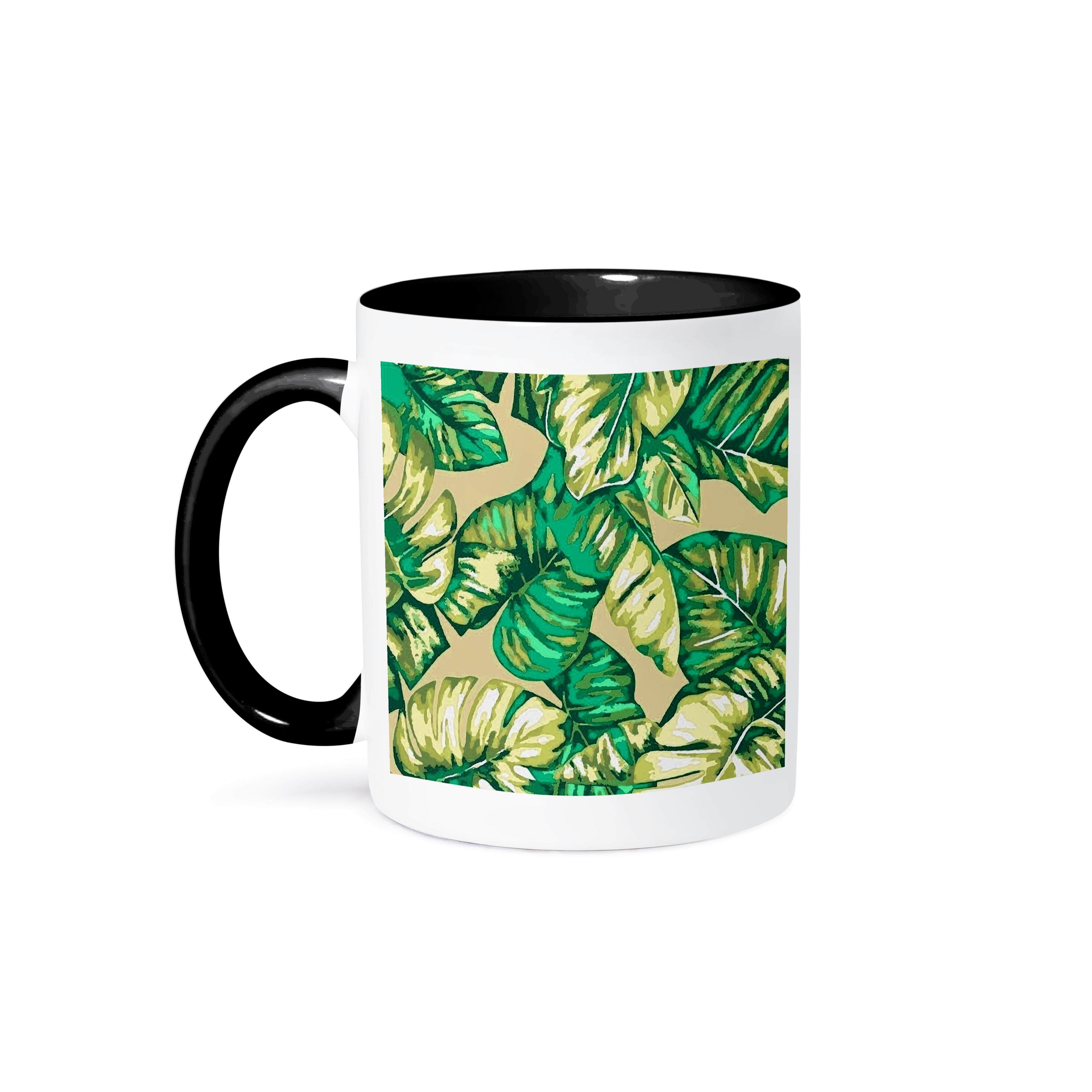 Banana Leaf Pattern In Green Cream And Beige, 15oz Two-Tone Black Mug ...