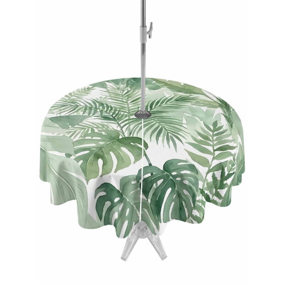 Banana Leaf Round Outdoor Tablecloth with Umbrella Hole Green Palm ...