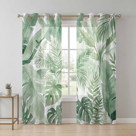 Banana Leaf Sheer Curtains 90 Inch Long 2 Panels, Green Palm Foliage ...