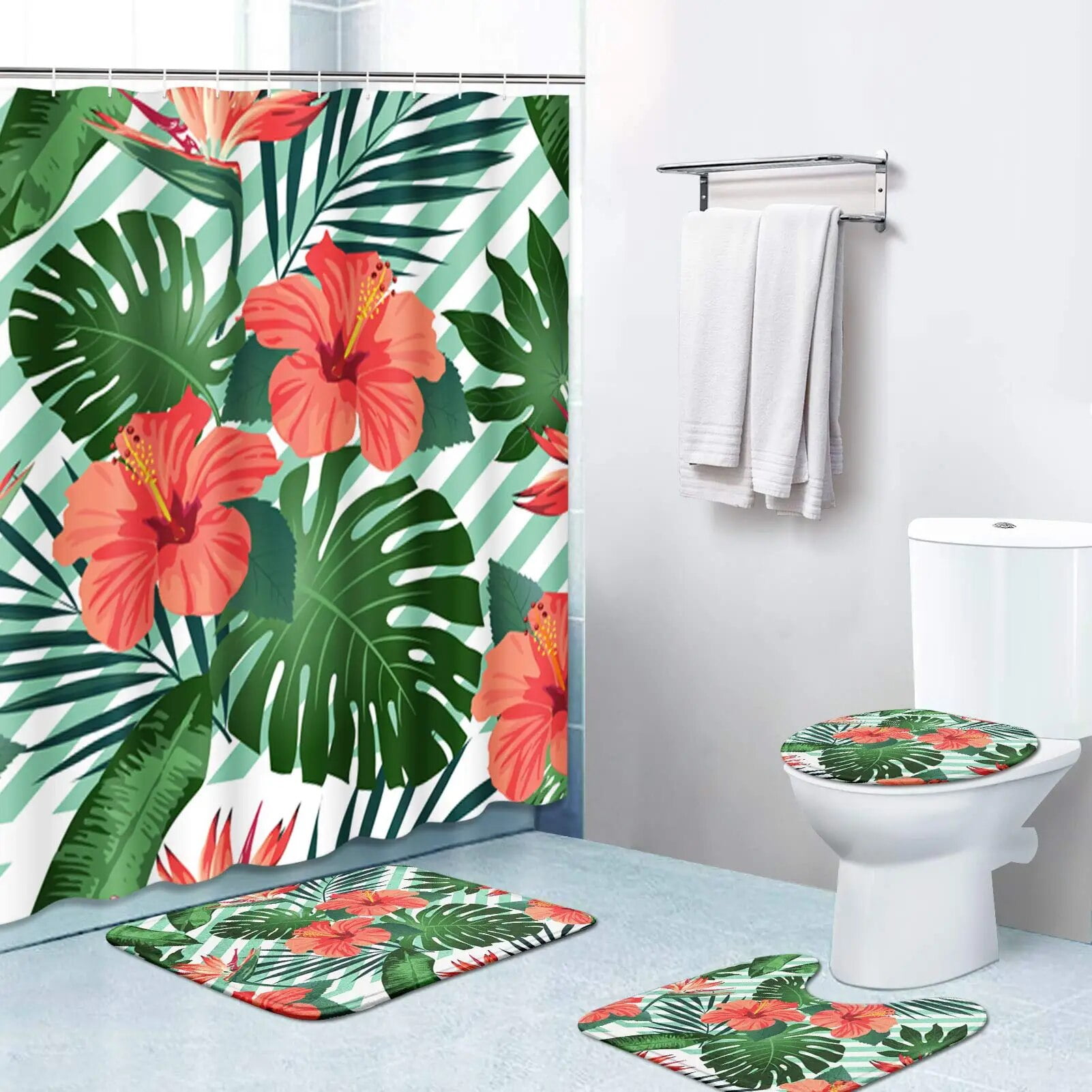 Banana Leaf Shower Curtain Set Non Slip Rug Bathroom Accessories